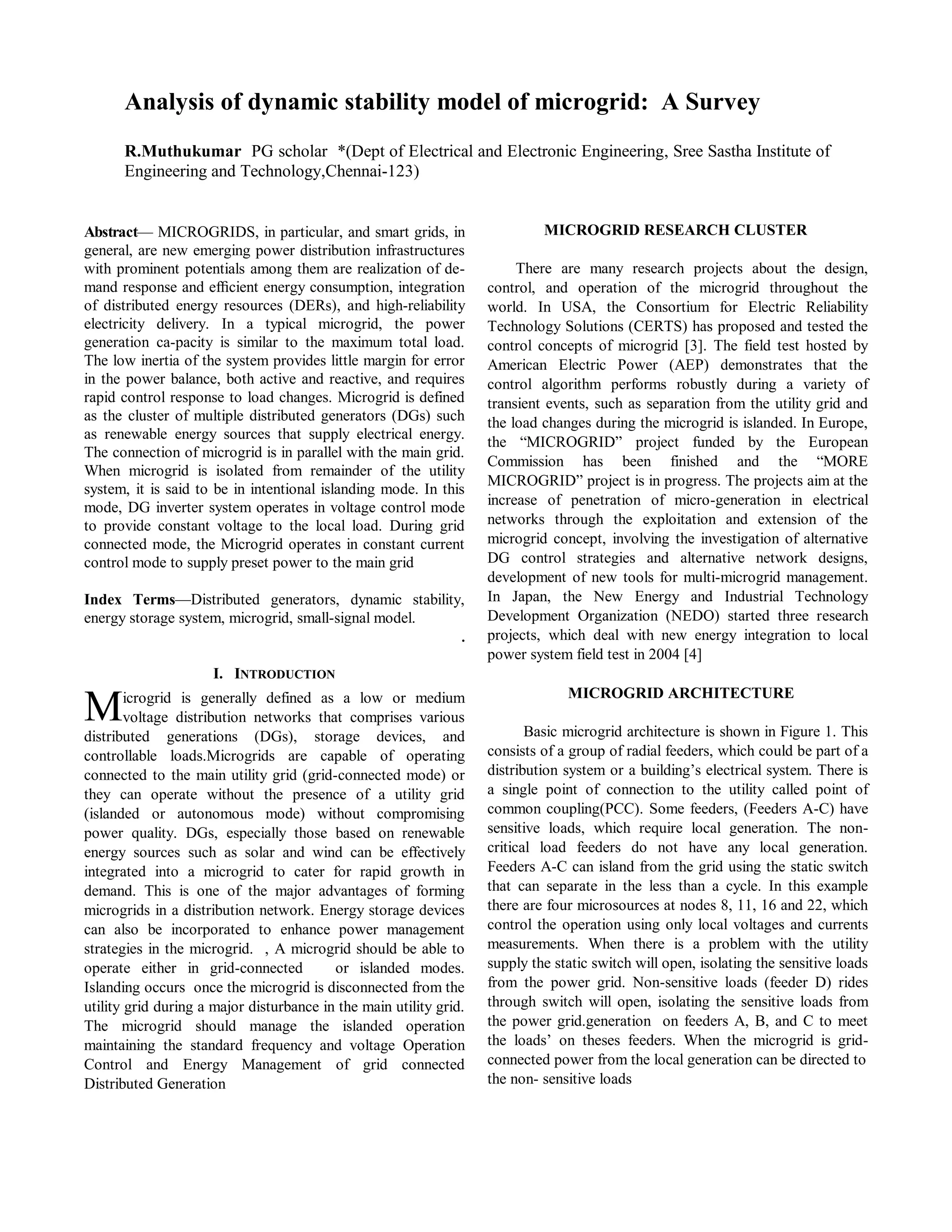 R.muthukumar, Analysis of Dynamic Stability of Microgrid | PDF