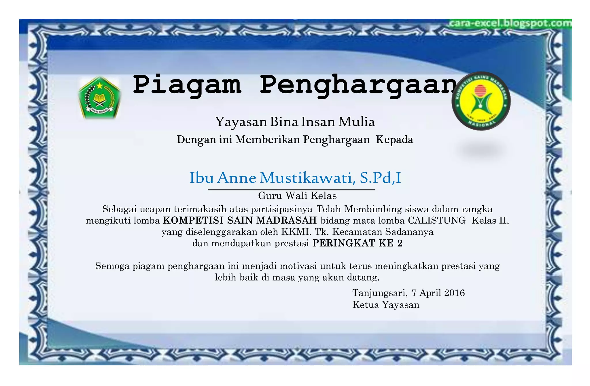 Kumpulan piagam penghargaan guru | DOCX