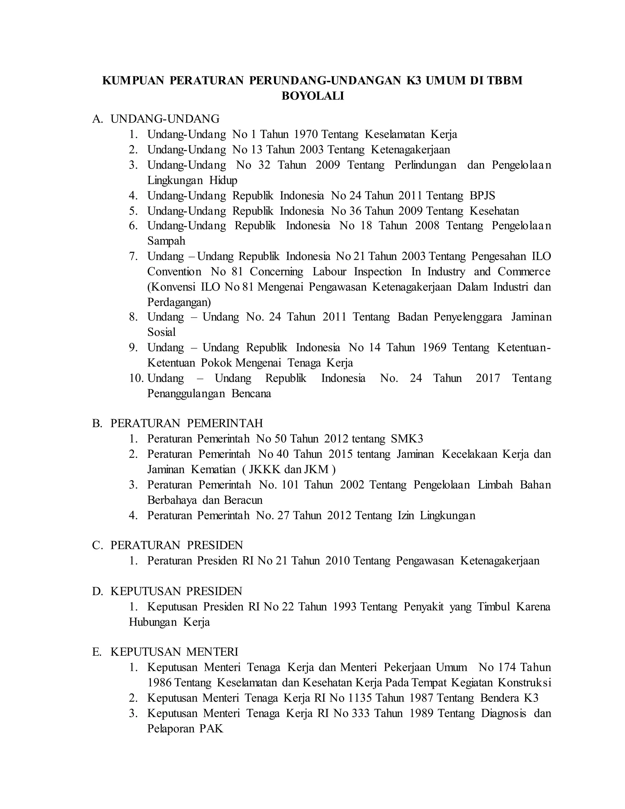 Kumpulan regulasi k3 | DOCX