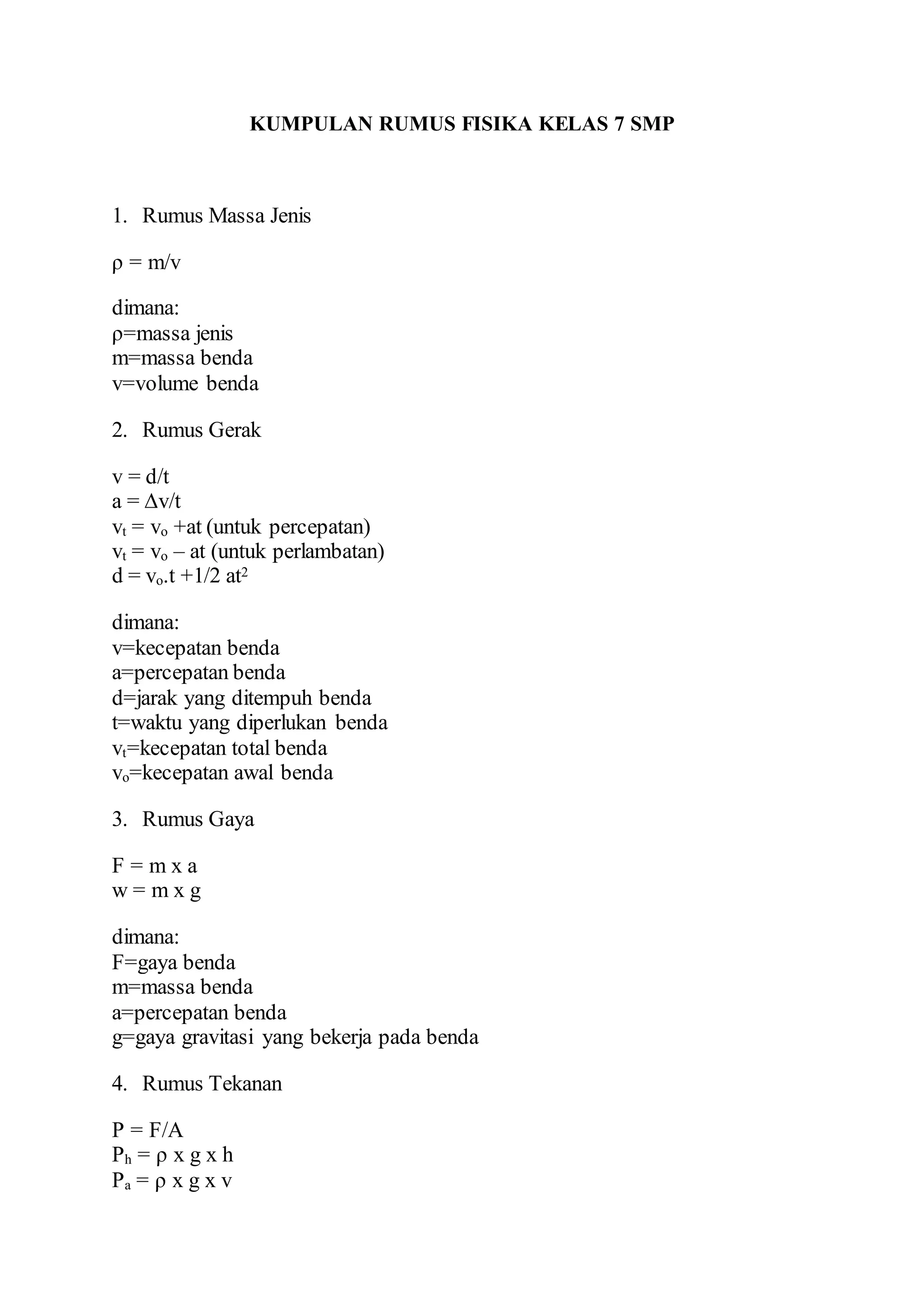 Kumpulan rumus fisika kelas 7 smp | DOCX