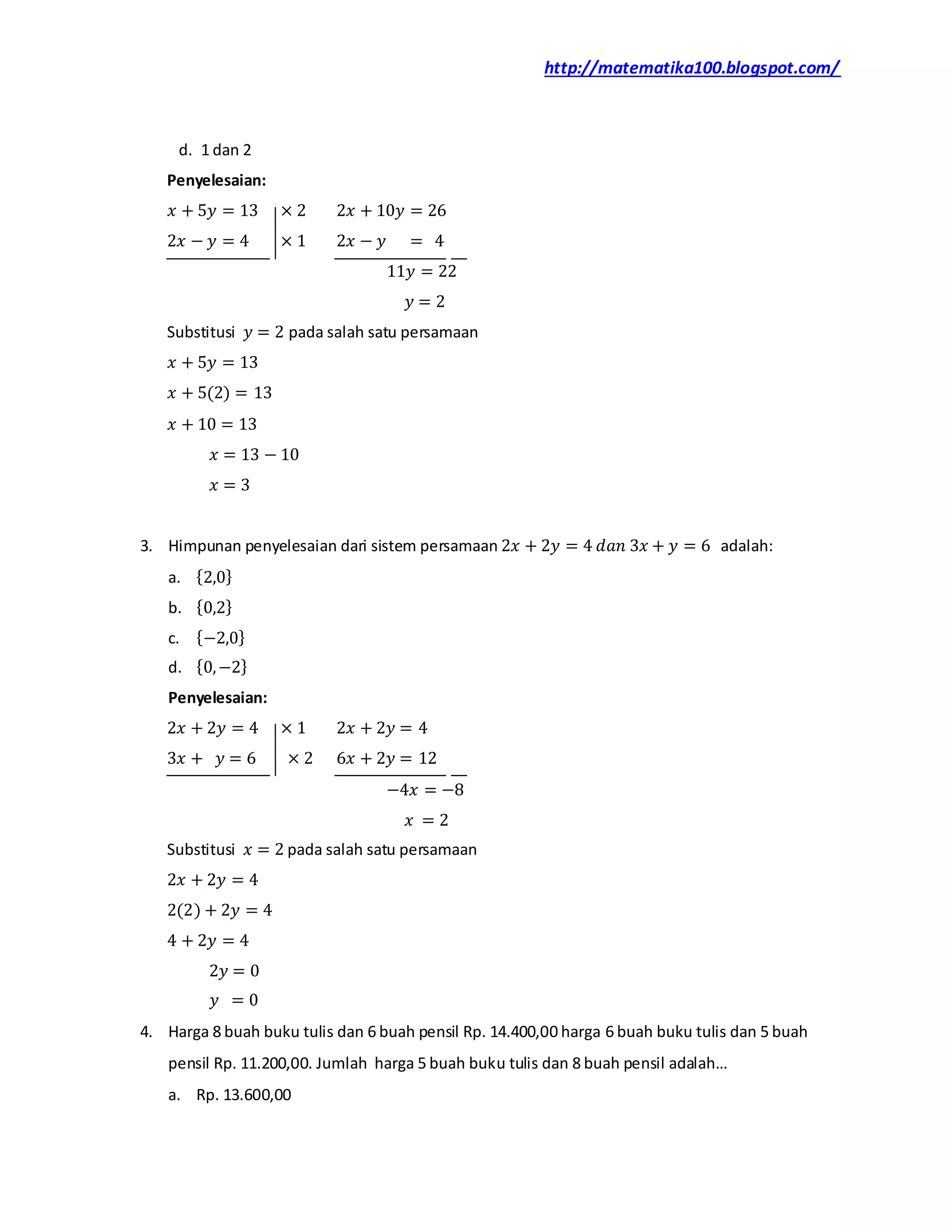 Kumpulan soal dan pembahasan sistem persamaan linier dua variabel | PDF