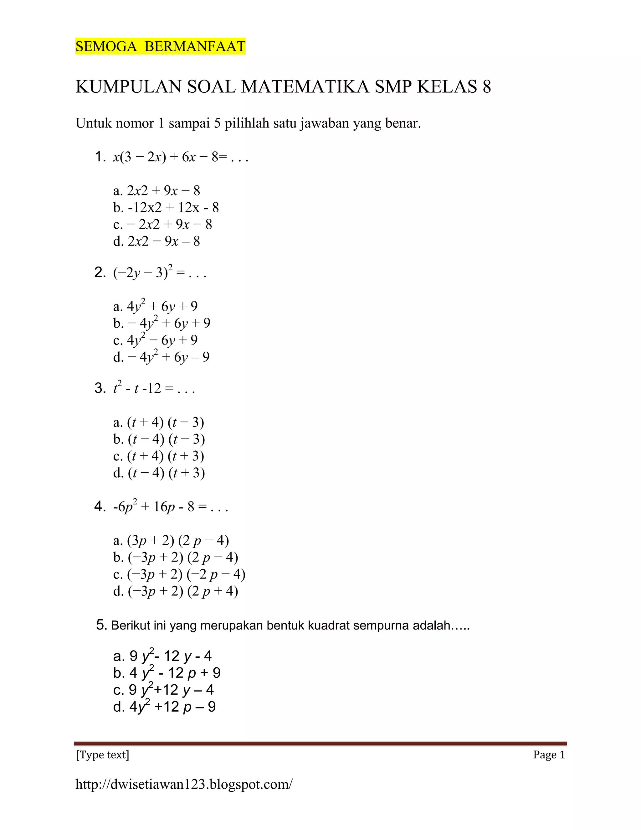 Kumpulan soal matematika smp kelas 8 | DOCX