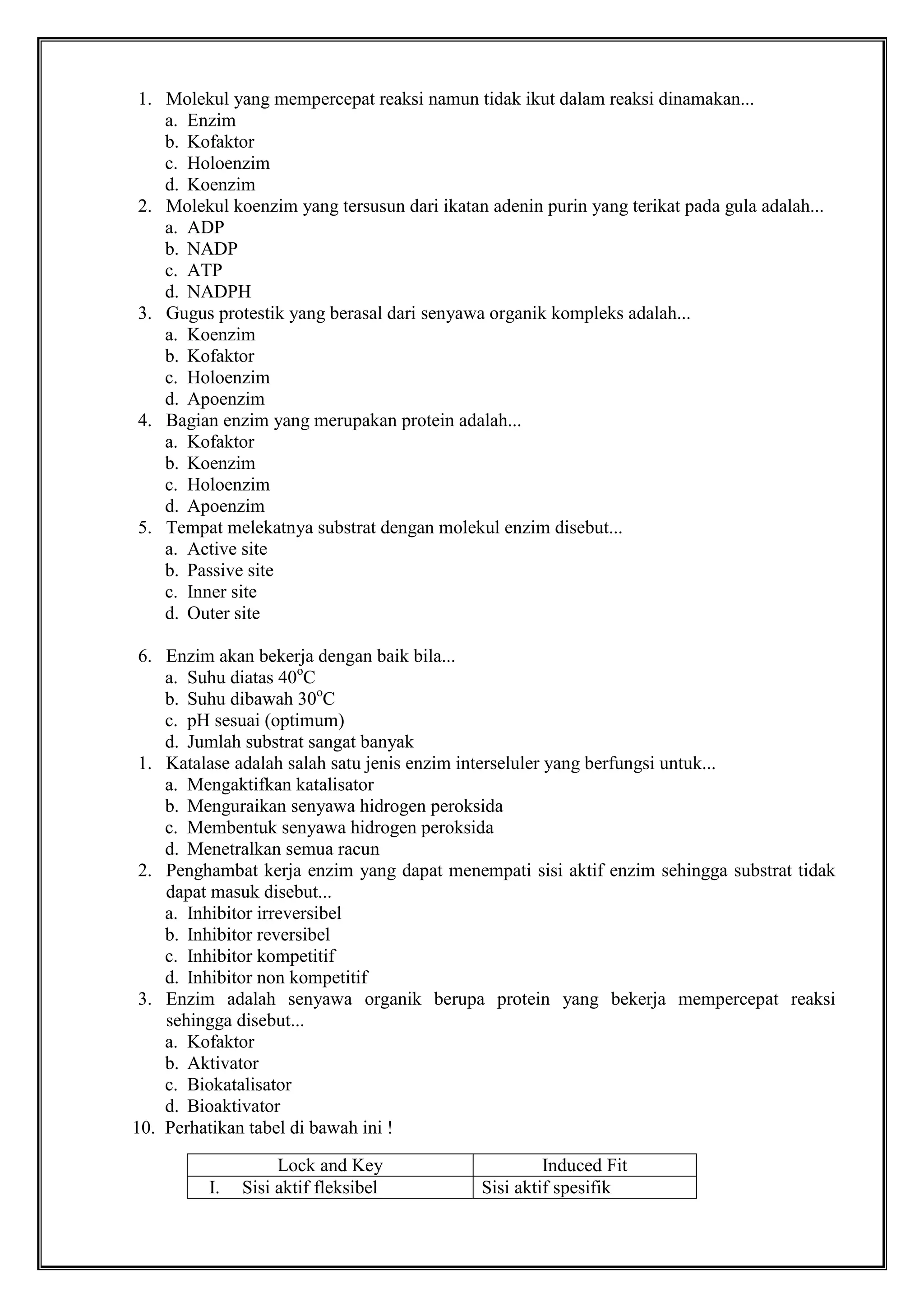 Kumpulan soal tentang enzim | DOCX
