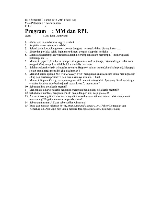 Kumpulan soal uts kelas x rabu | PDF