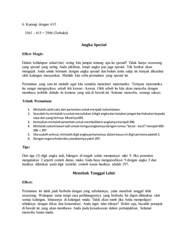 Kumpulan trik sulap angka sederhana | DOCX