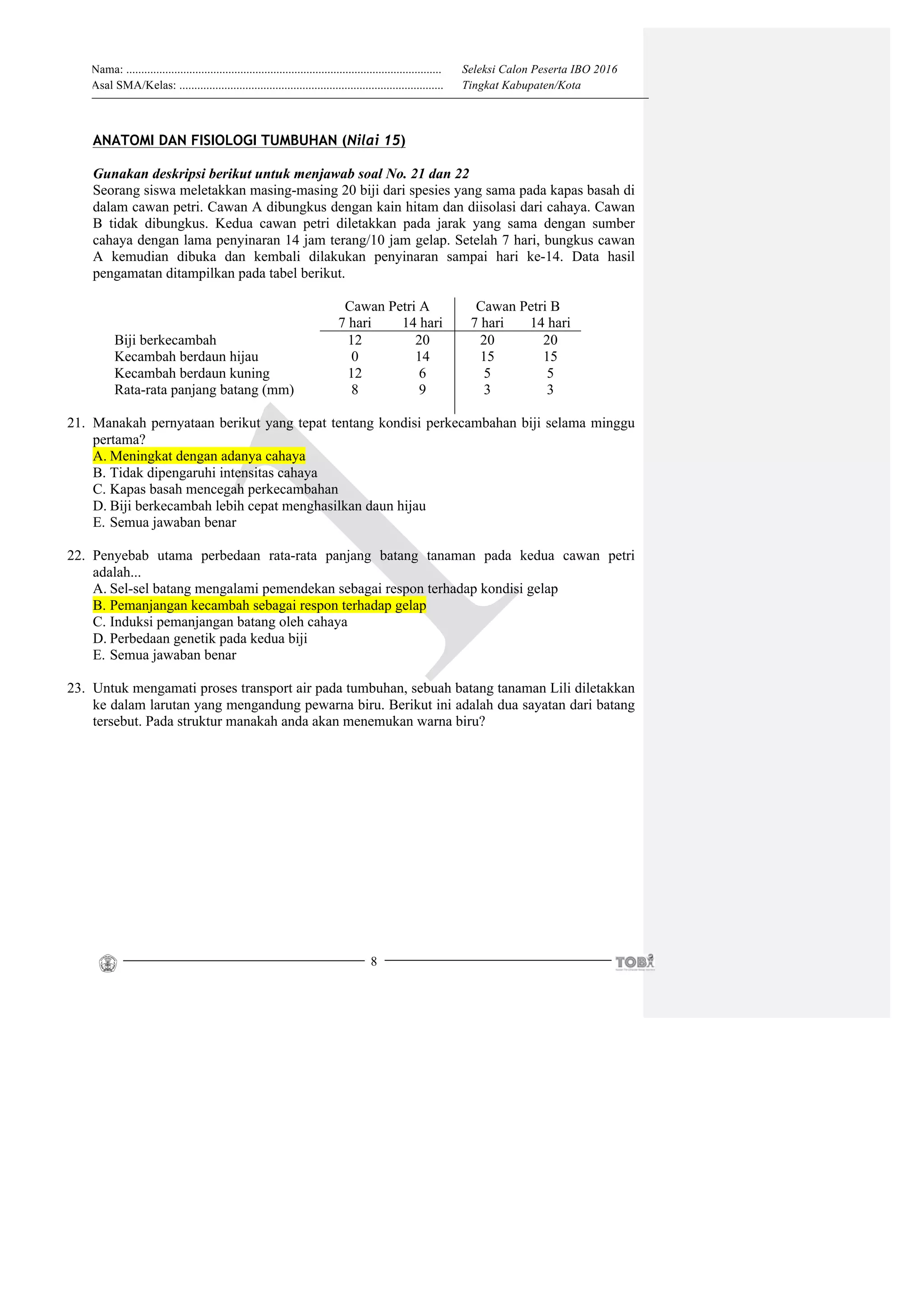 Kunci jawaban-biologi-2016 | PDF