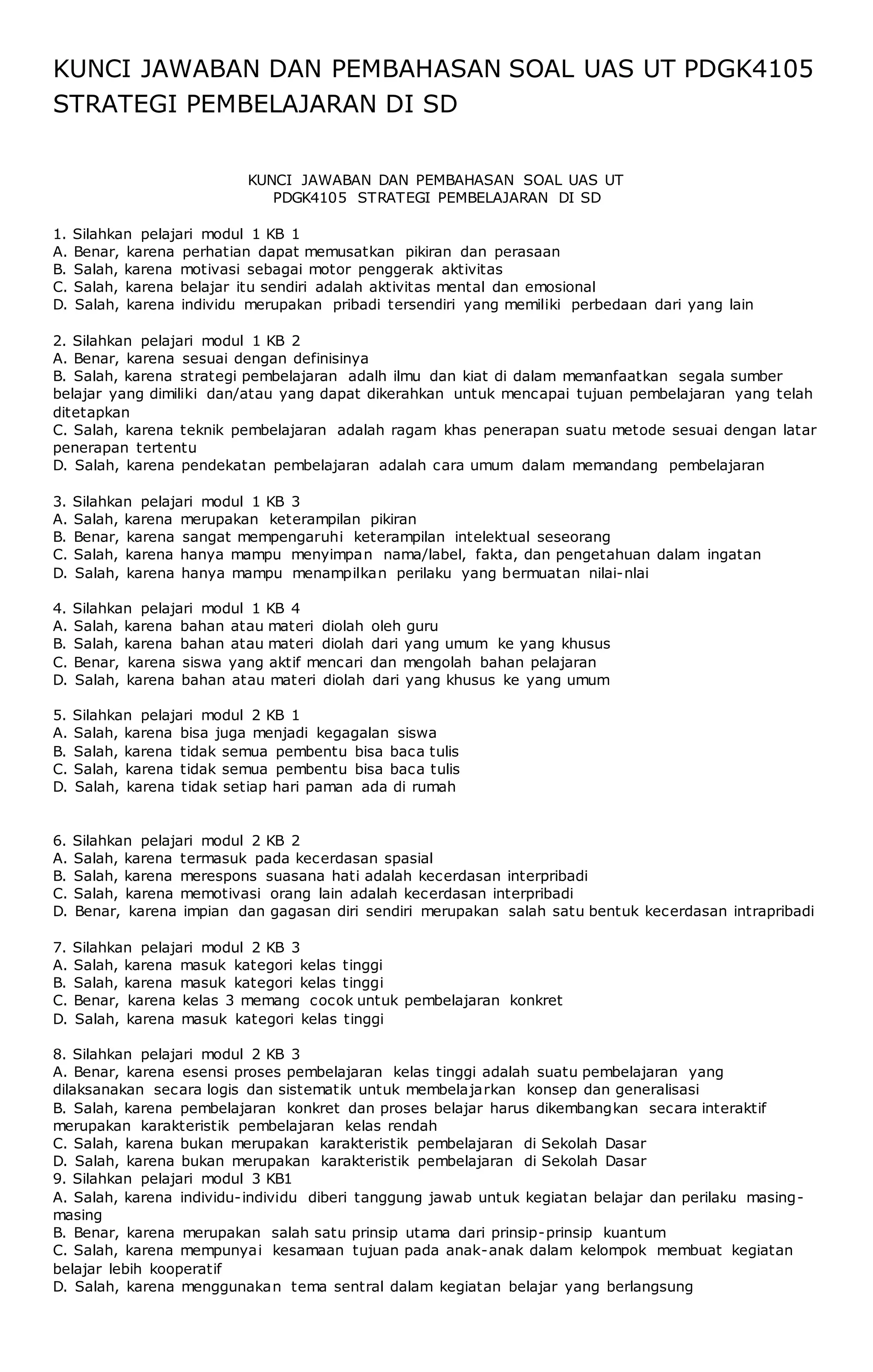 Kunci jawaban dan pembahasan soal uas ut pdgk4105 strategi pembelajaran di sd | DOCX