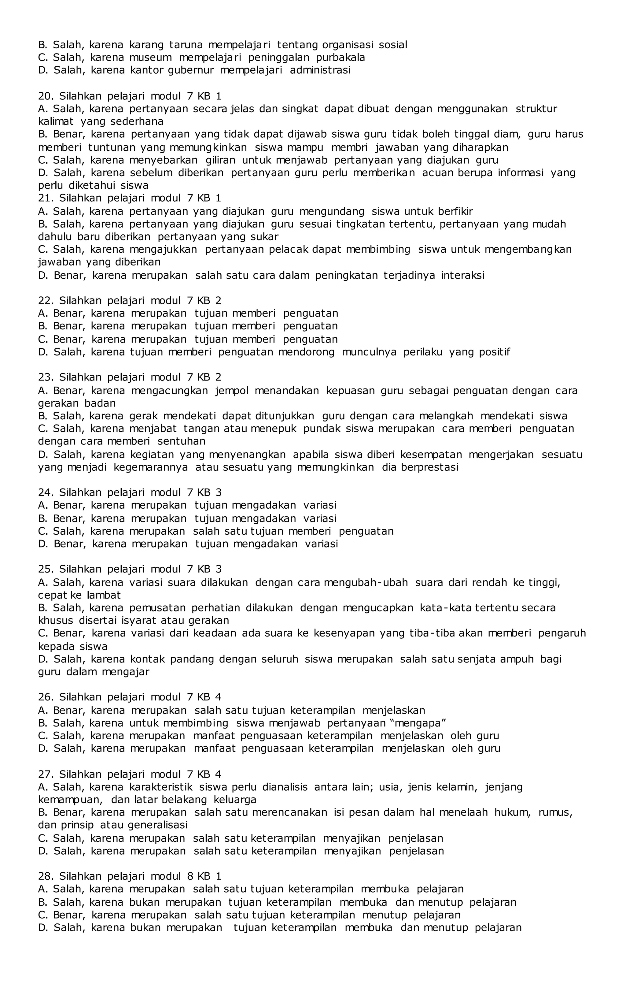 Kunci jawaban dan pembahasan soal uas ut pdgk4105 strategi pembelajaran di sd | DOCX