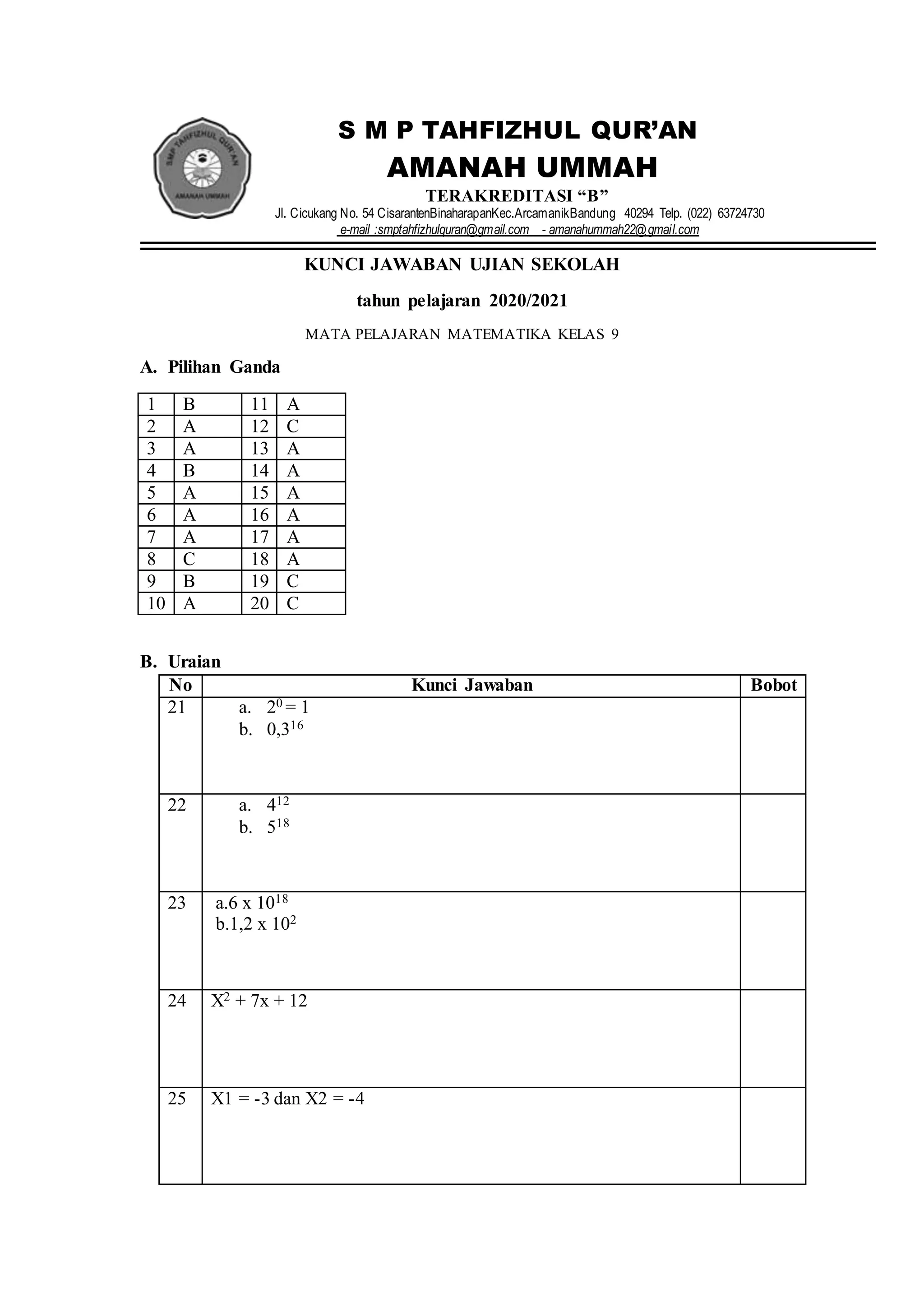 Kunci jawaban mtk ix | PDF
