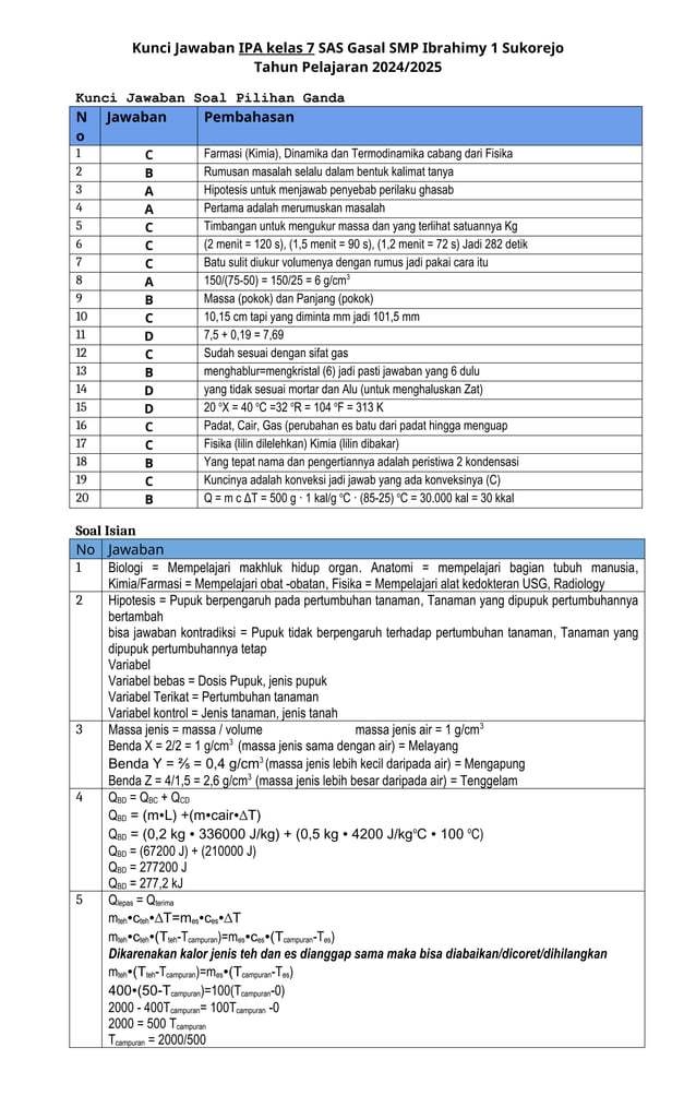 Kunci Jawaban SAS Gasal IPA Kelas 7 2024 SMPI 1 Sukorejo | PDF