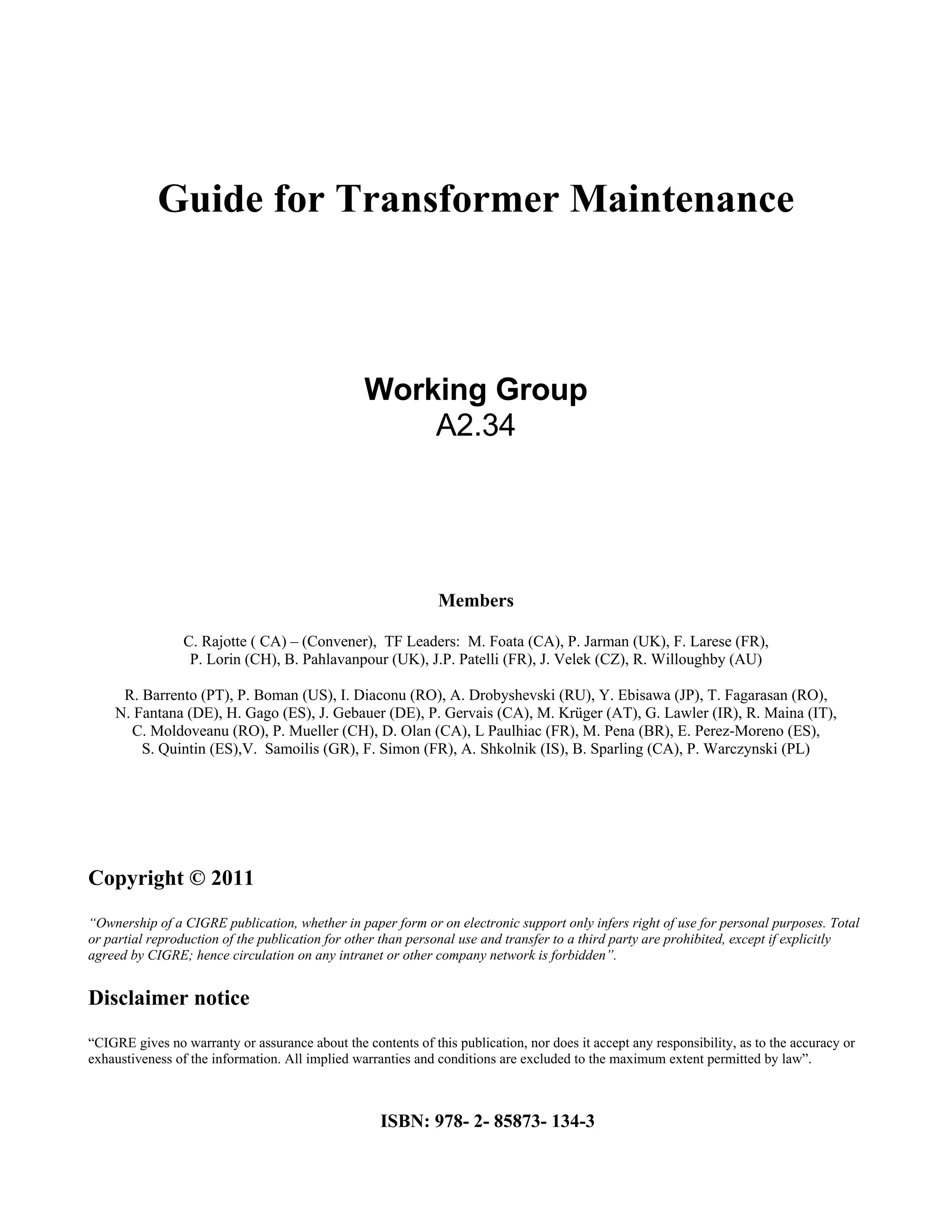 Guide for Transformer Maintenance (Cigre-445) | PDF