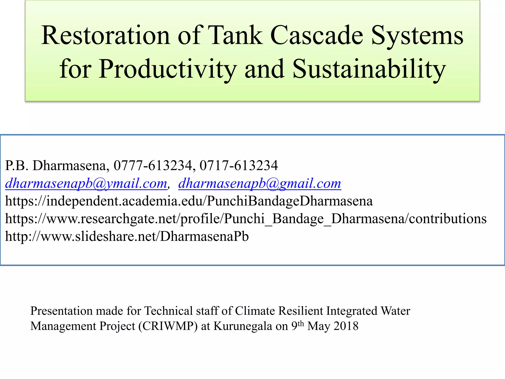 Restoration of Tank Cascade Systems for Productivity and Sustainability ...
