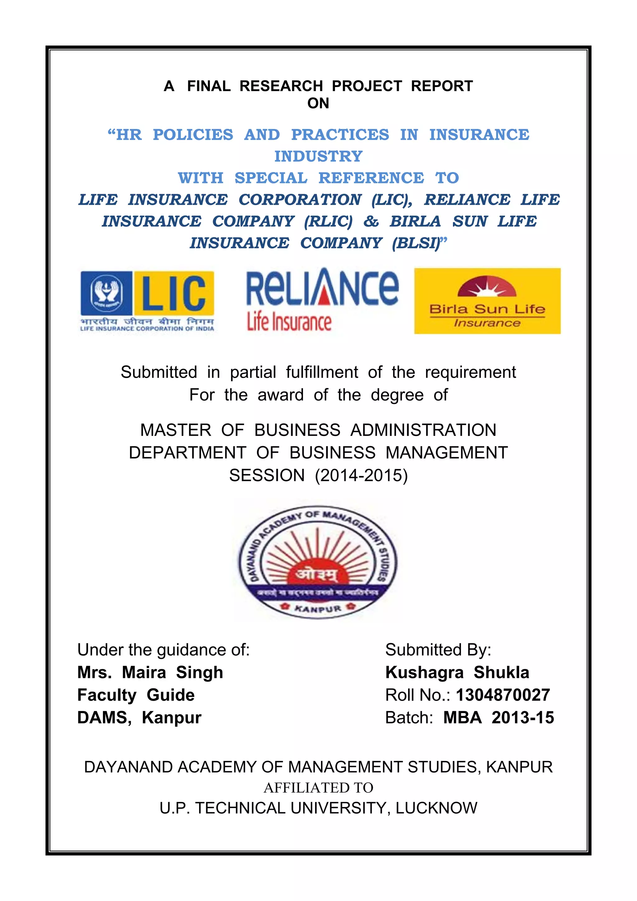 HR Policies & Practices in Insurance Industry with special reference to ...