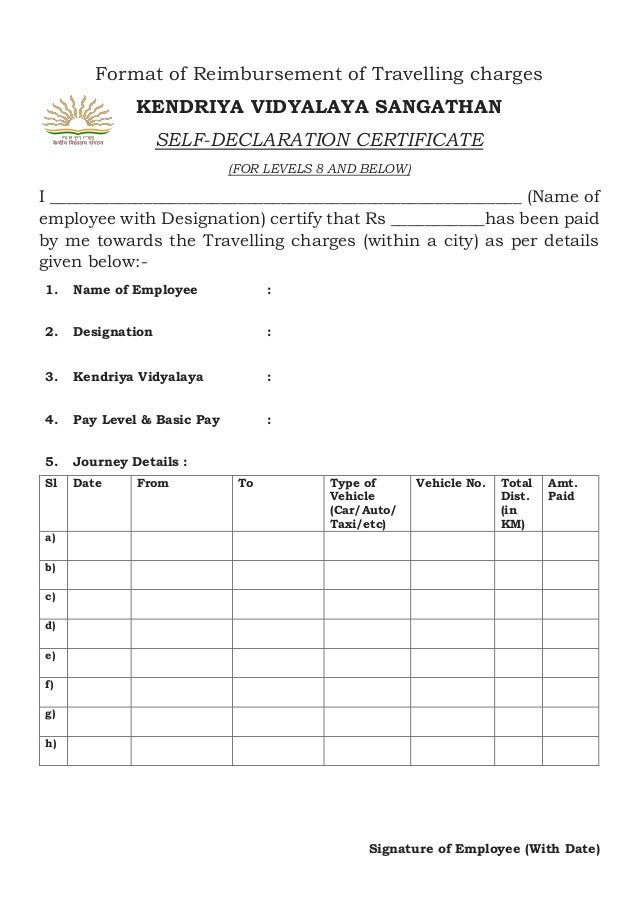 Kvs format of reimbursement da food bill travel and hotel