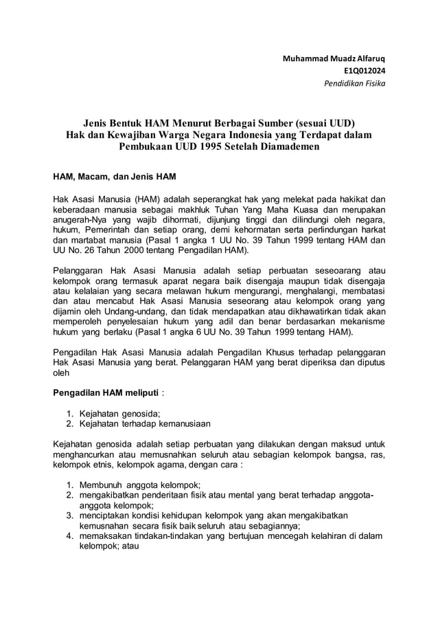 Jenis Bentuk HAM Menurut Berbagai Sumber (sesuai UUD) Hak dan Kewajiban Warga Negara Indonesia ...