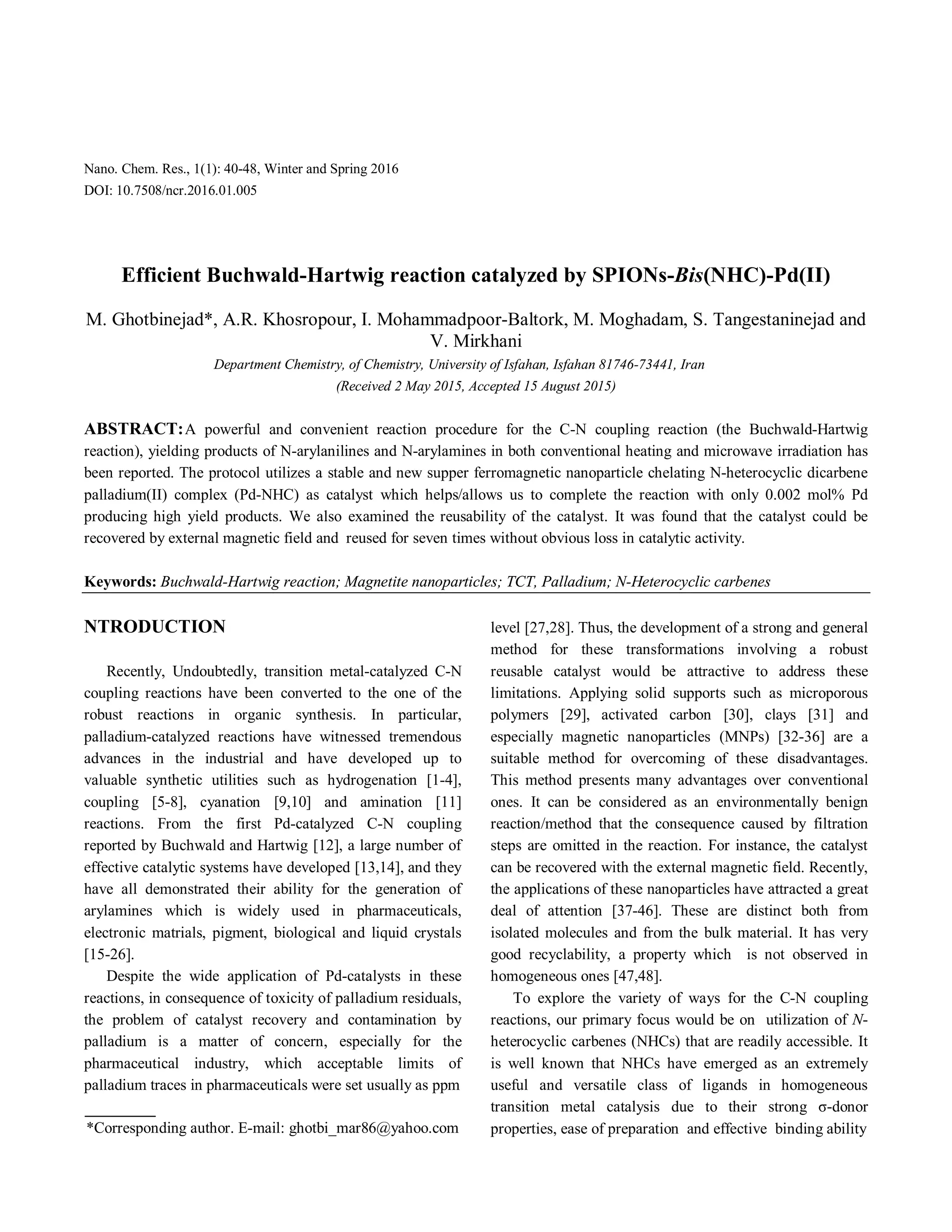 Efficient buchwald hartwig reaction catalyzed by spions-bis(NHC)-Pd(II) | PDF