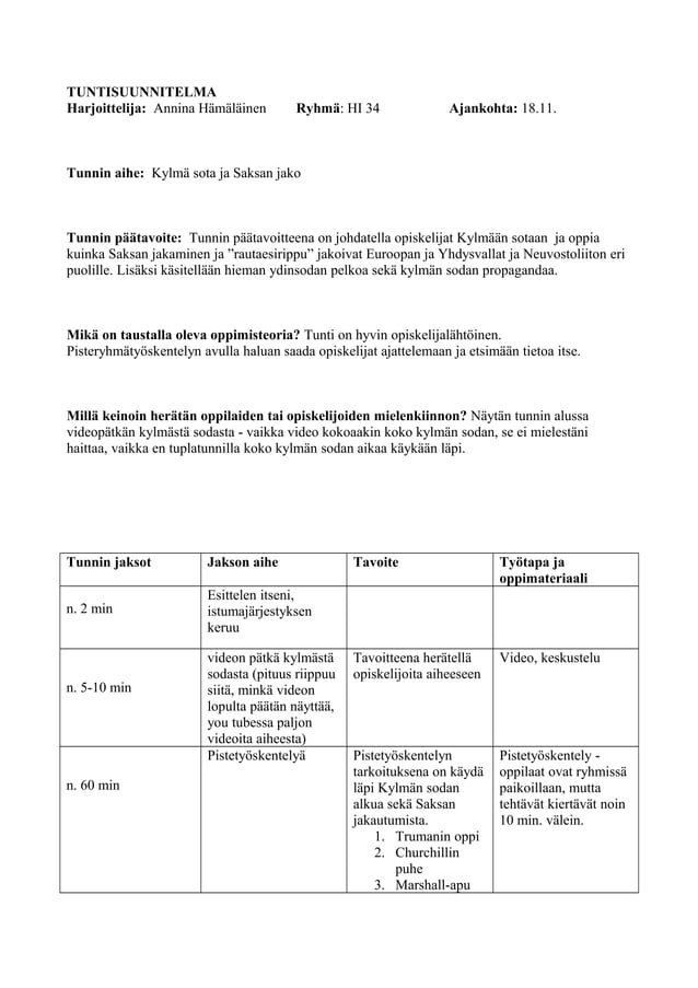 Kylmä Sota Tuntisuunnitelma | DOC
