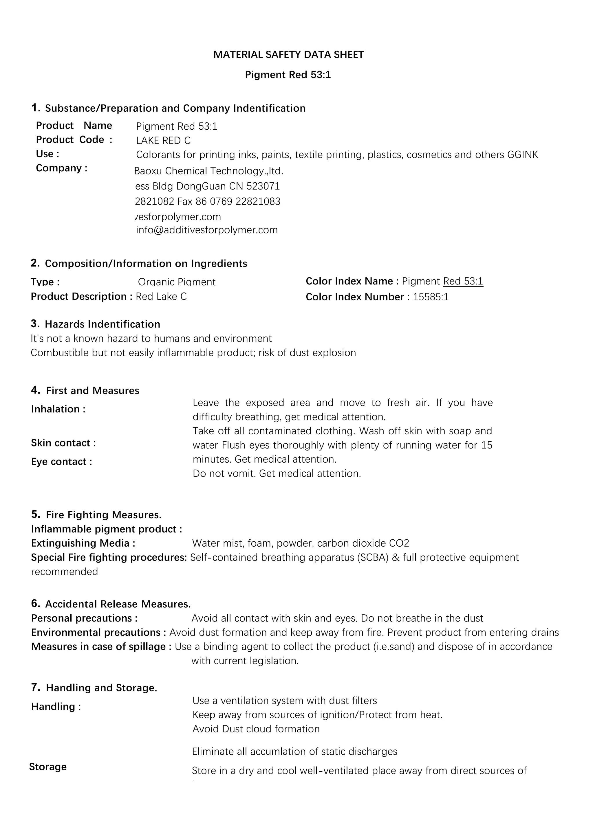 Pigment red 531 cas 5281 04-9 material safety data sheet msds sds baoxu ...