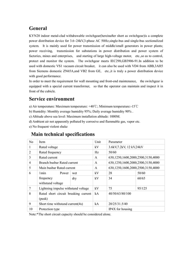 KYN28 12kV Medium voltage metal clad switchgear | PDF