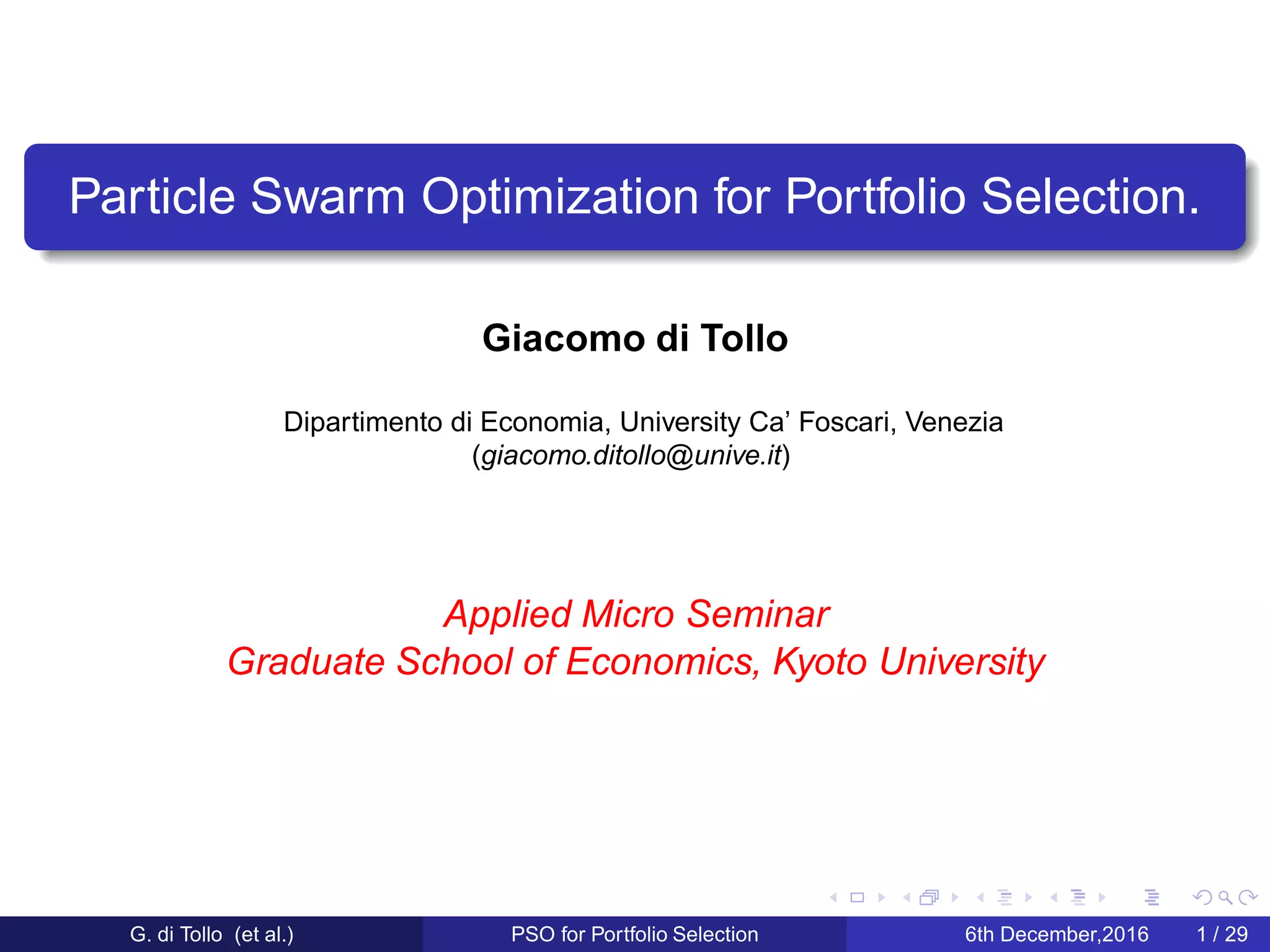 Portfolio Selection Via Particle Swarm Ppt