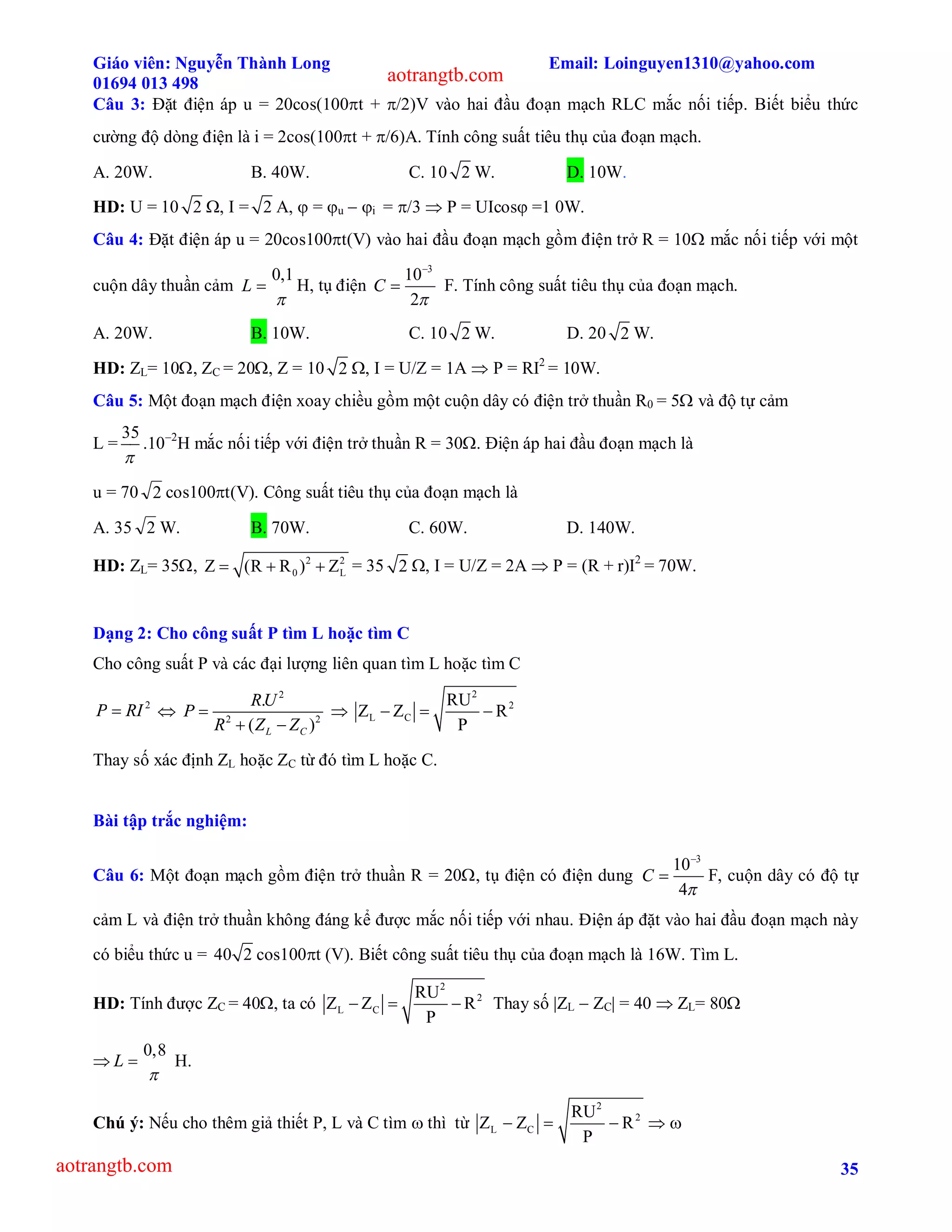 Kỹ thuật giải nhanh chương điện xoay chiều | PDF