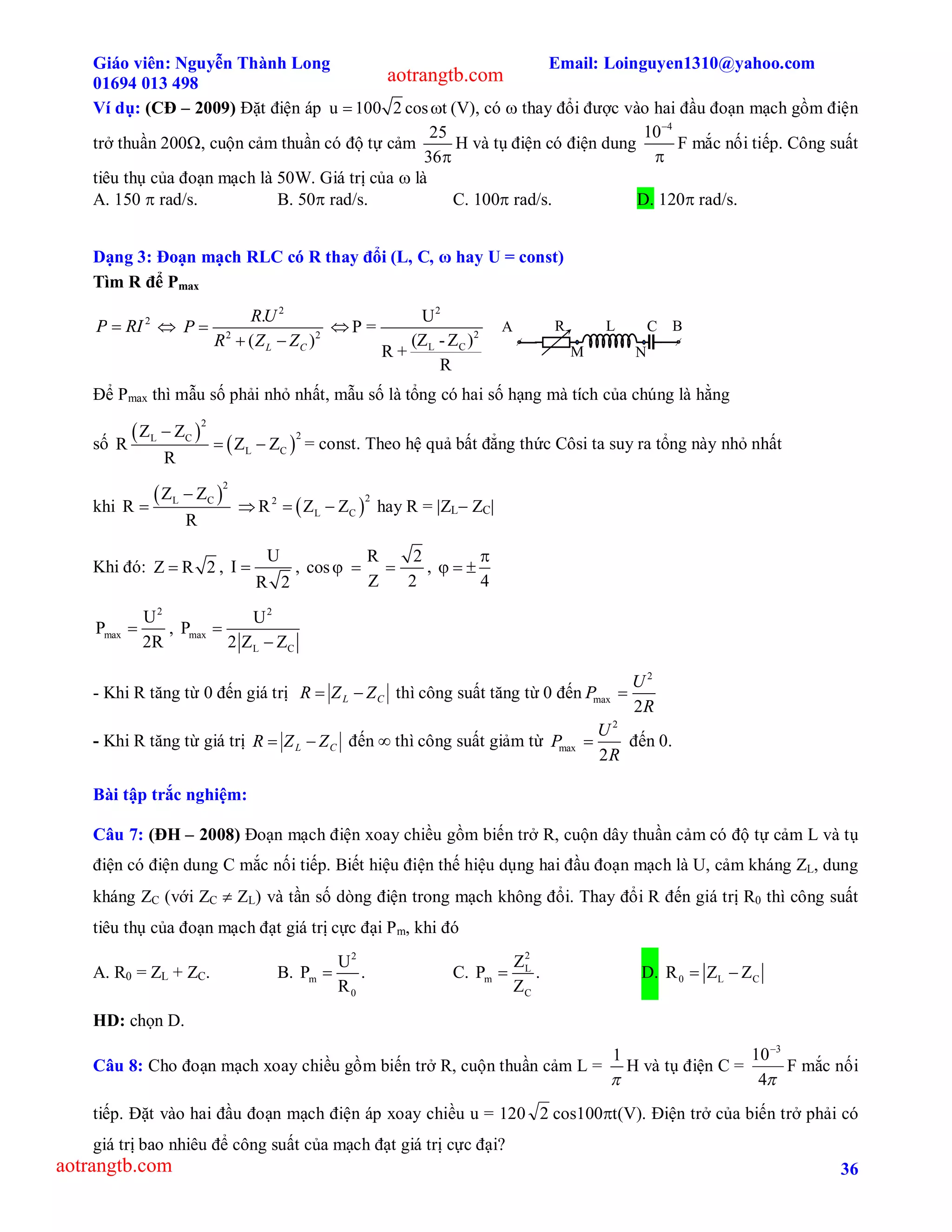 Kỹ thuật giải nhanh chương điện xoay chiều | PDF