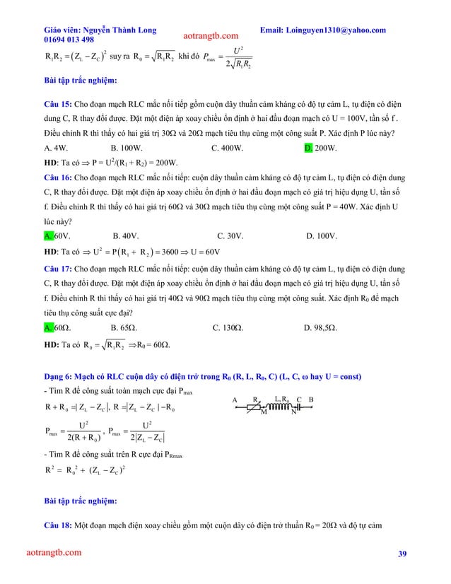 Kỹ thuật giải nhanh chương điện xoay chiều | PDF