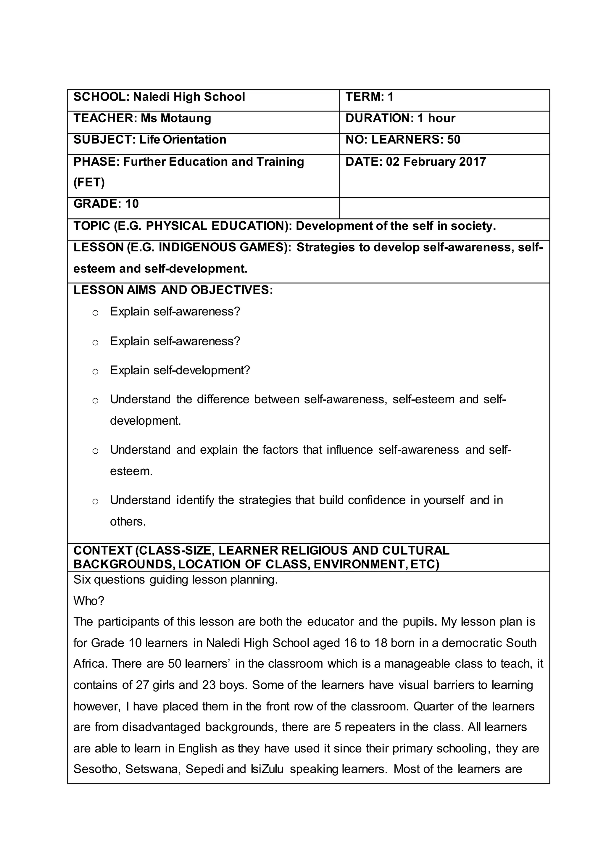 L.o grade 10 development of the self in society. | DOCX
