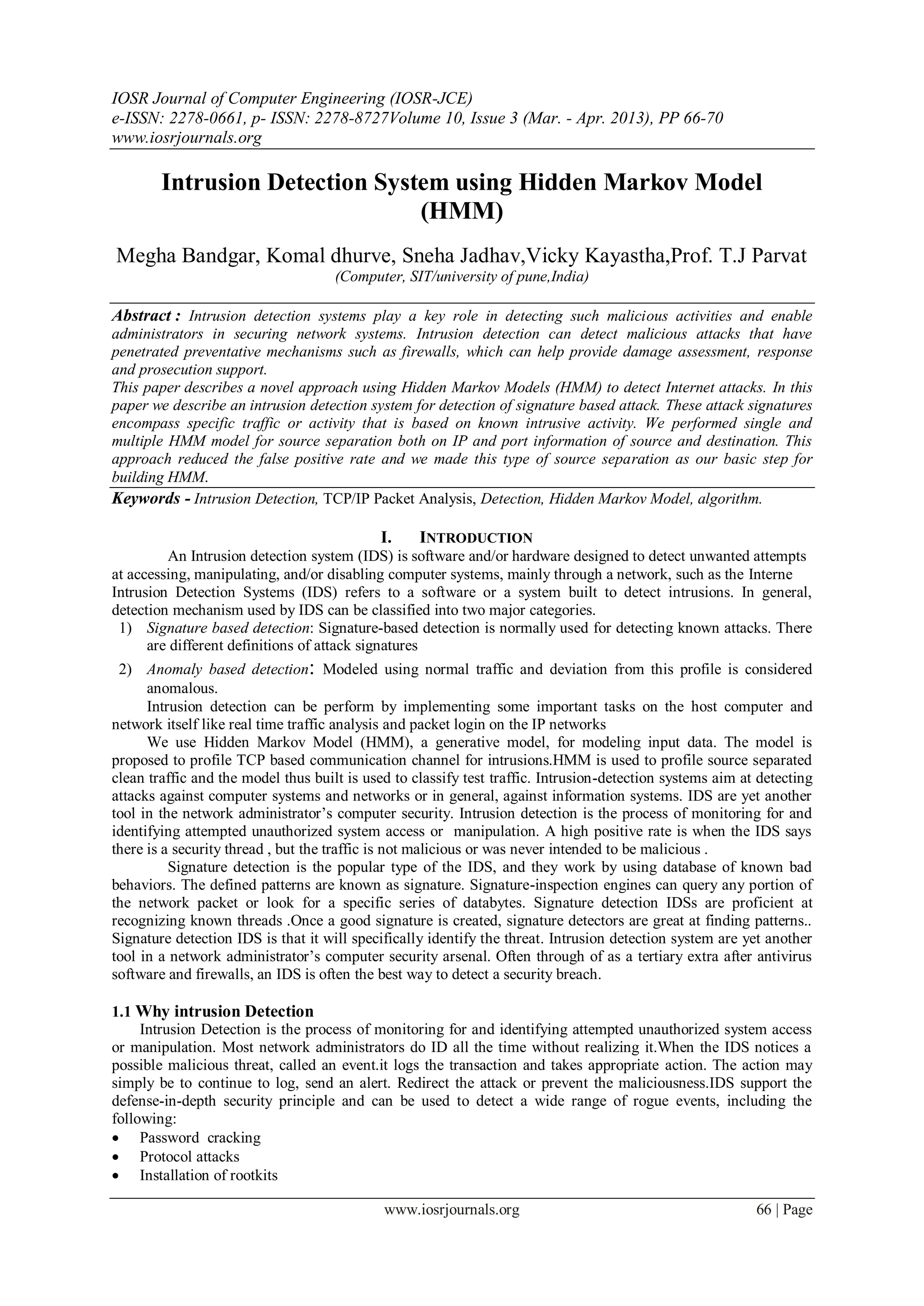 Intrusion Detection System using Hidden Markov Model (HMM) | PDF