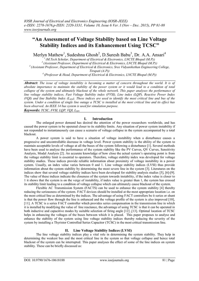 “An Assessment of Voltage Stability based on Line Voltage Stability Indices and its Enhancement ...