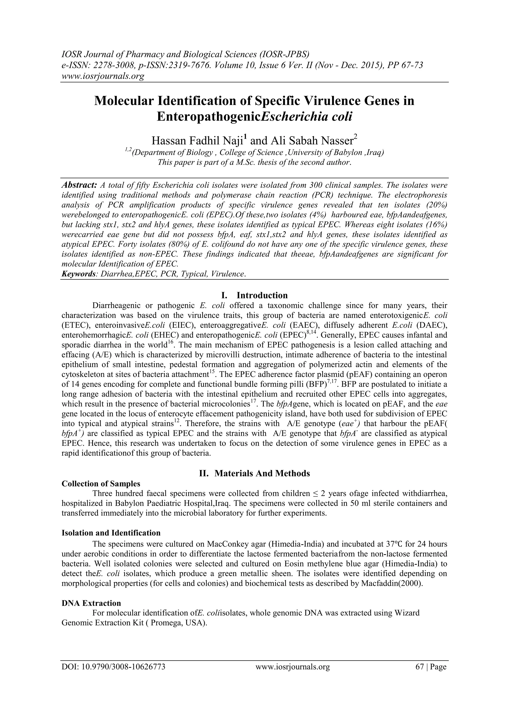 Molecular Identification of Specific Virulence Genes in ...
