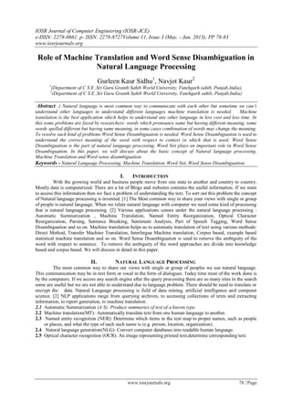 Role of Machine Translation and Word Sense Disambiguation in Natural Language Processing | PDF ...