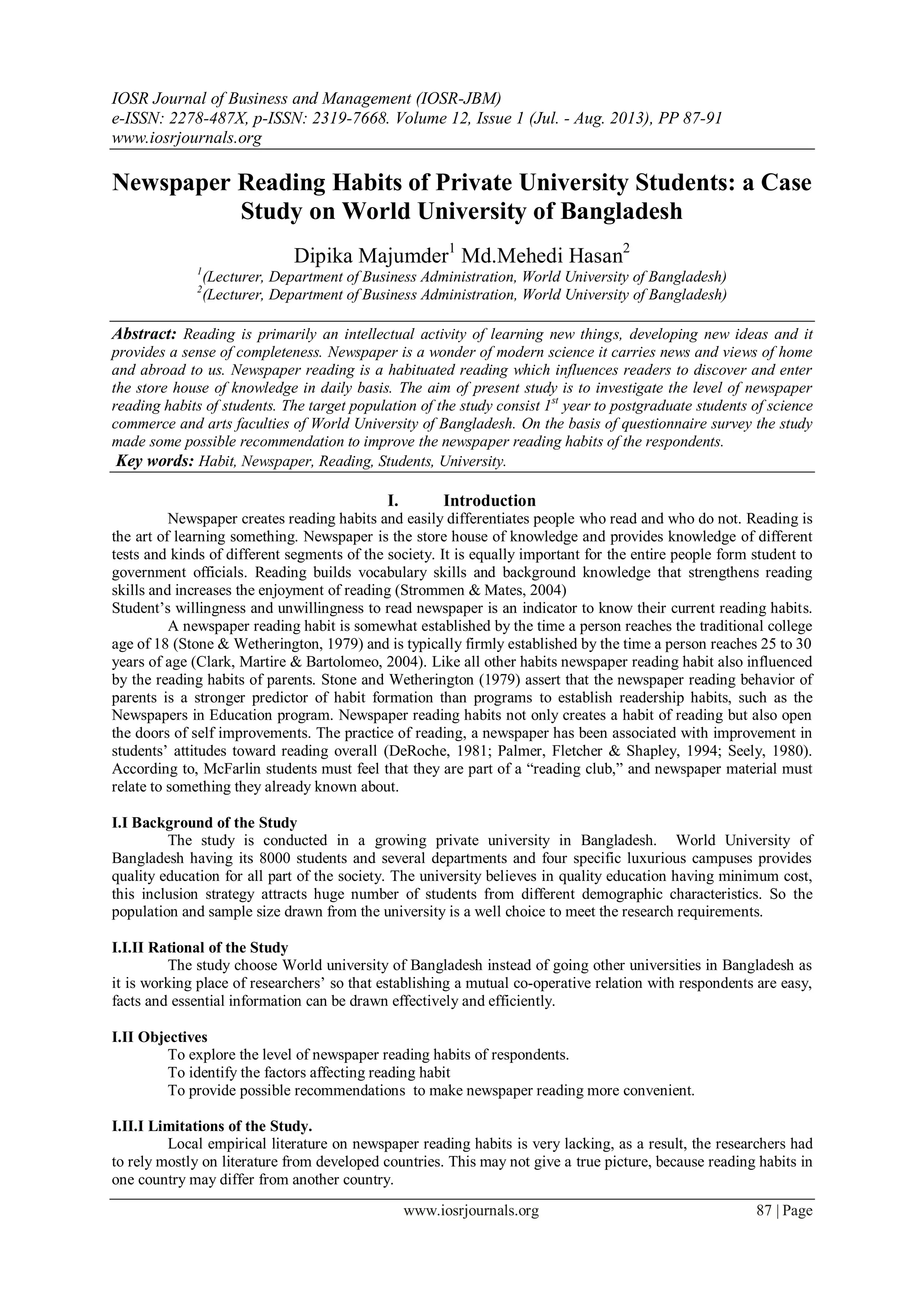 Newspaper Reading Habits of Private University Students: a Case Study ...