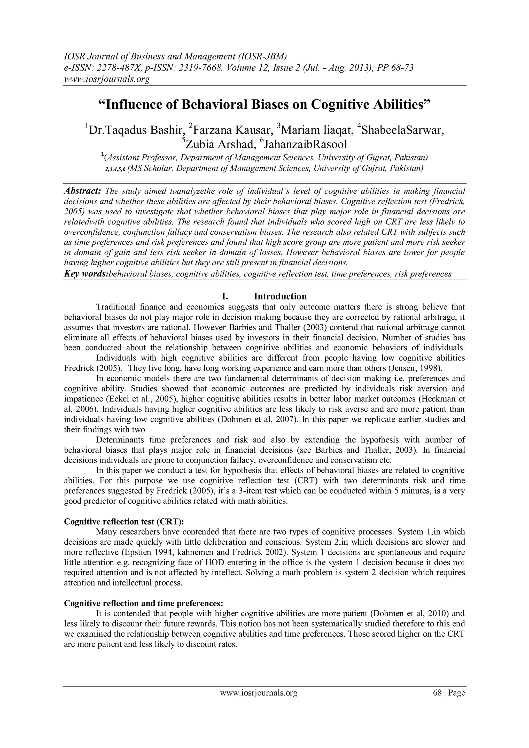 “Influence of Behavioral Biases on Cognitive Abilities” | PDF