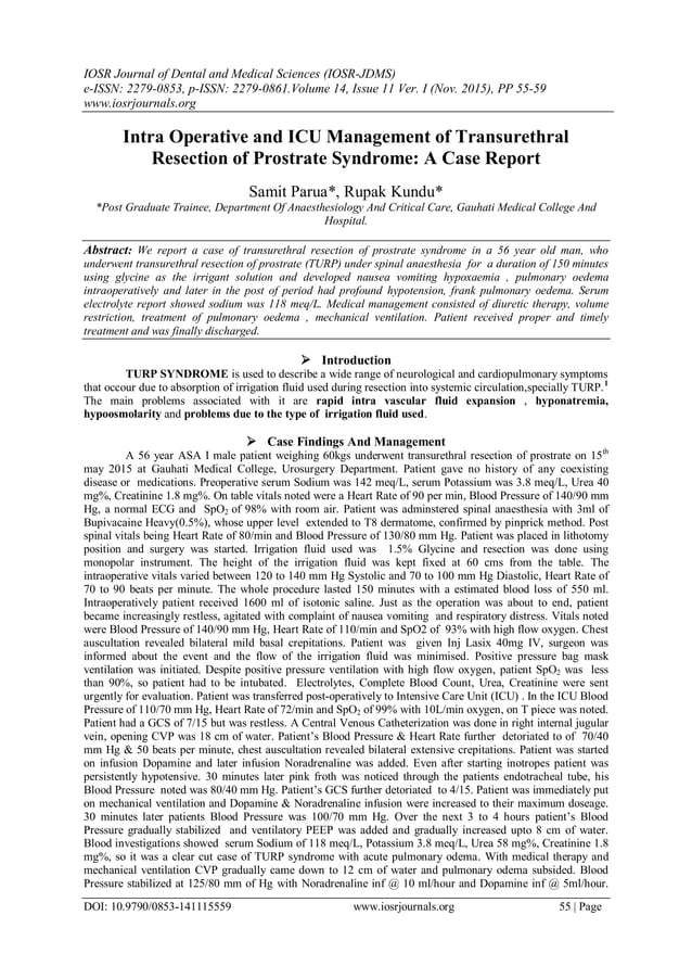 Intra Operative And Icu Management Of Transurethral Resection Of Prostrate Syndrome A Case