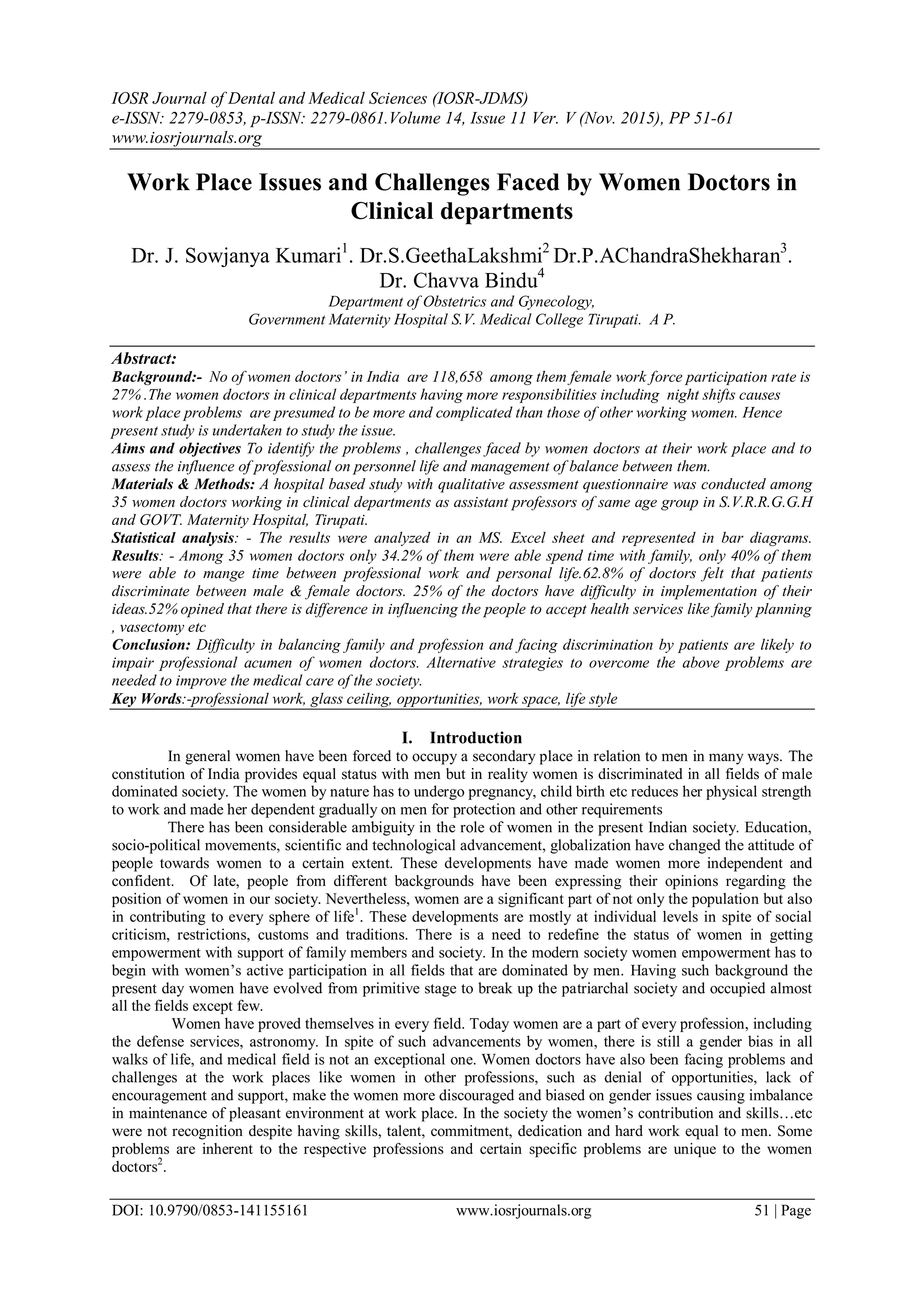 Work Place Issues and Challenges Faced by Women Doctors in Clinical ...
