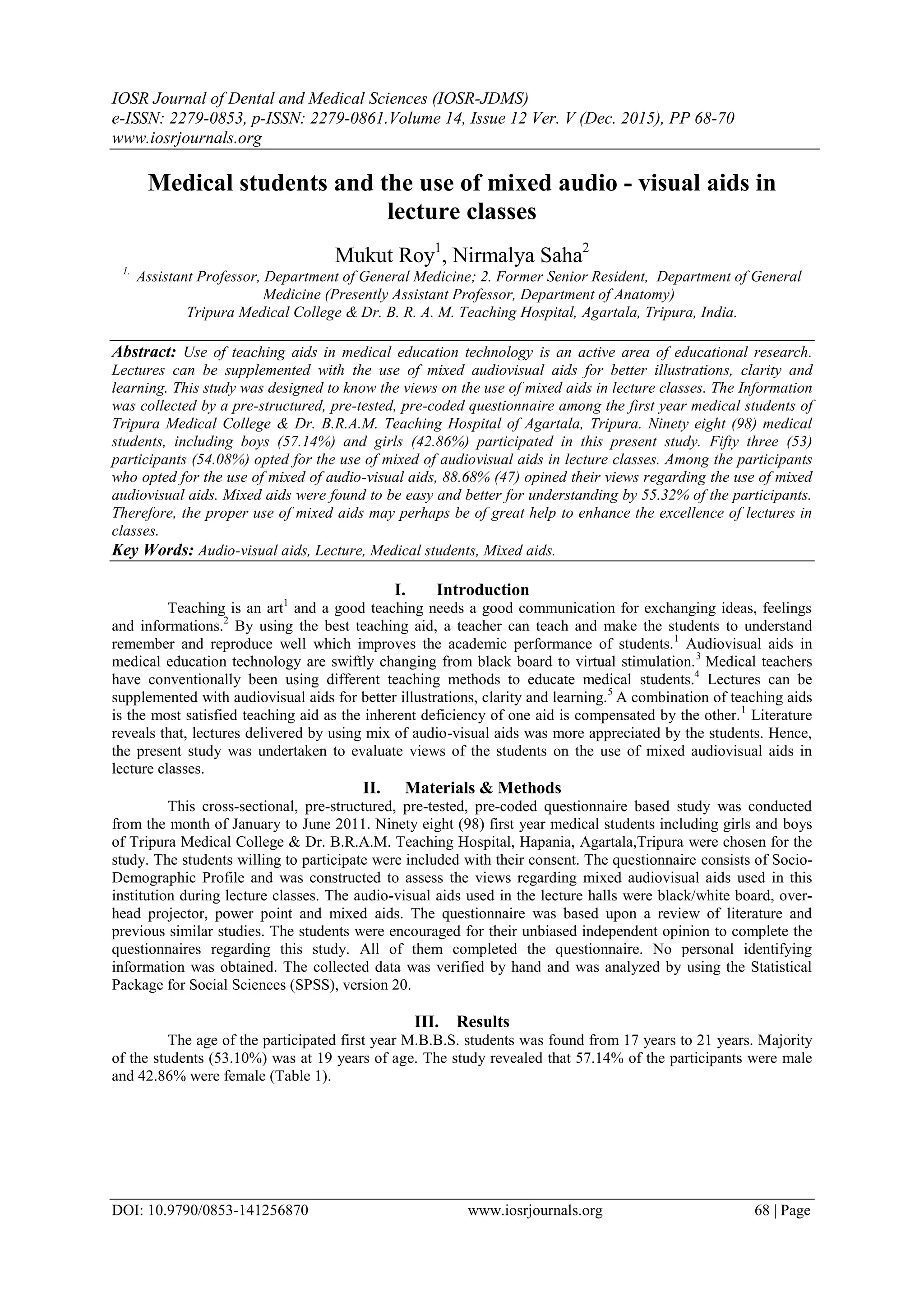 Medical students and the use of mixed audio - visual aids in lecture classes | PDF