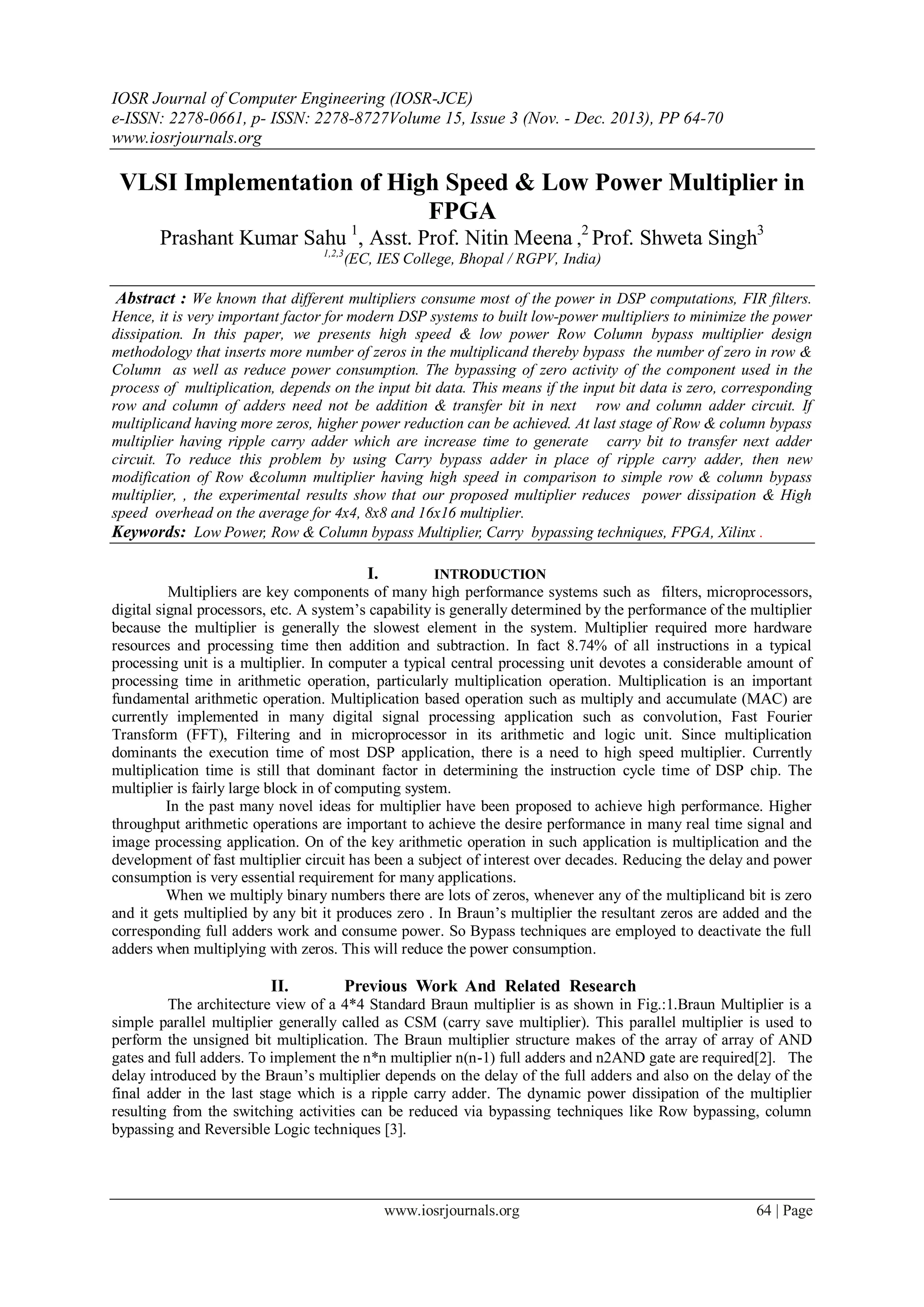 VLSI Implementation of High Speed & Low Power Multiplier in FPGA | PDF