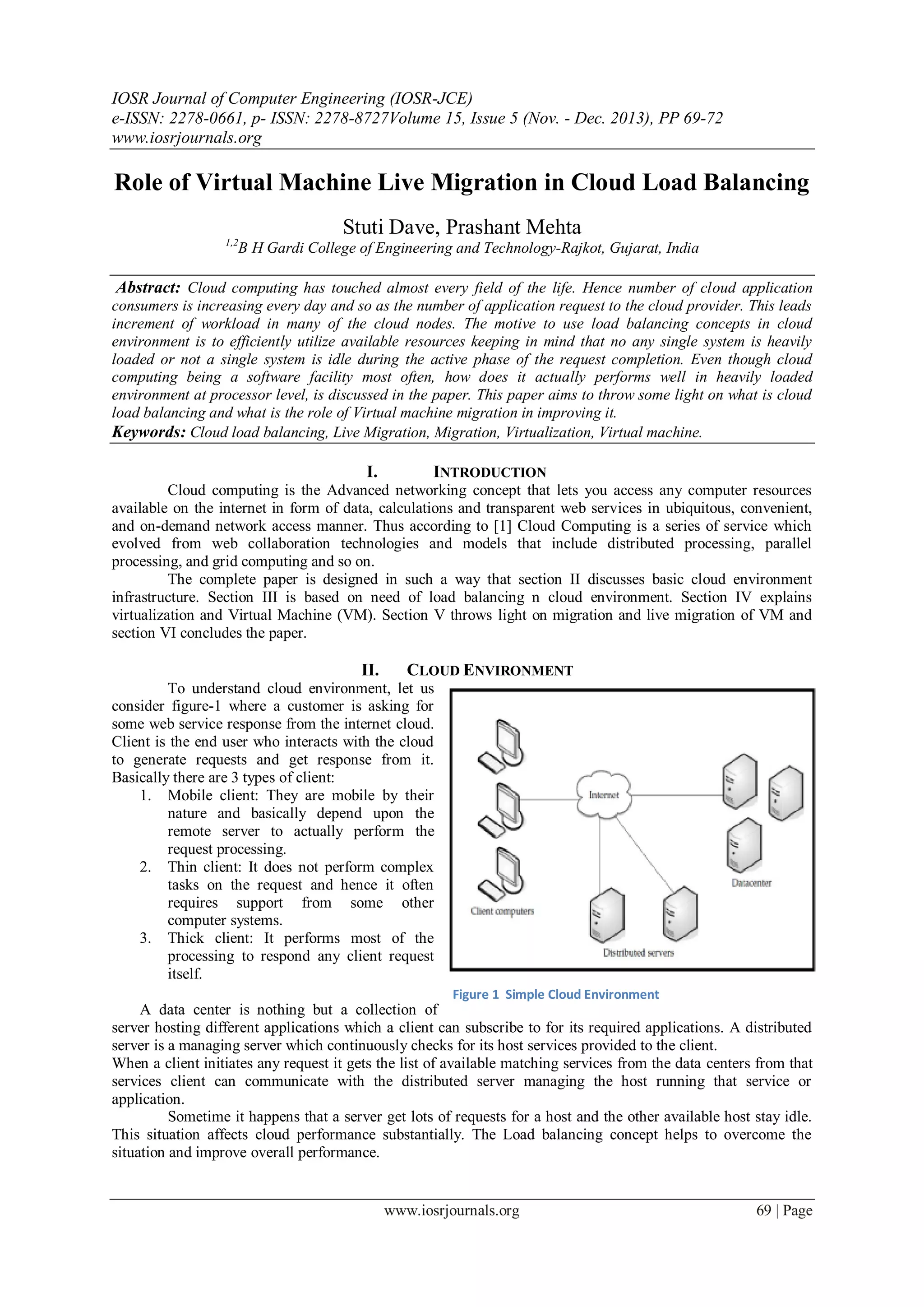 Role of Virtual Machine Live Migration in Cloud Load Balancing | PDF