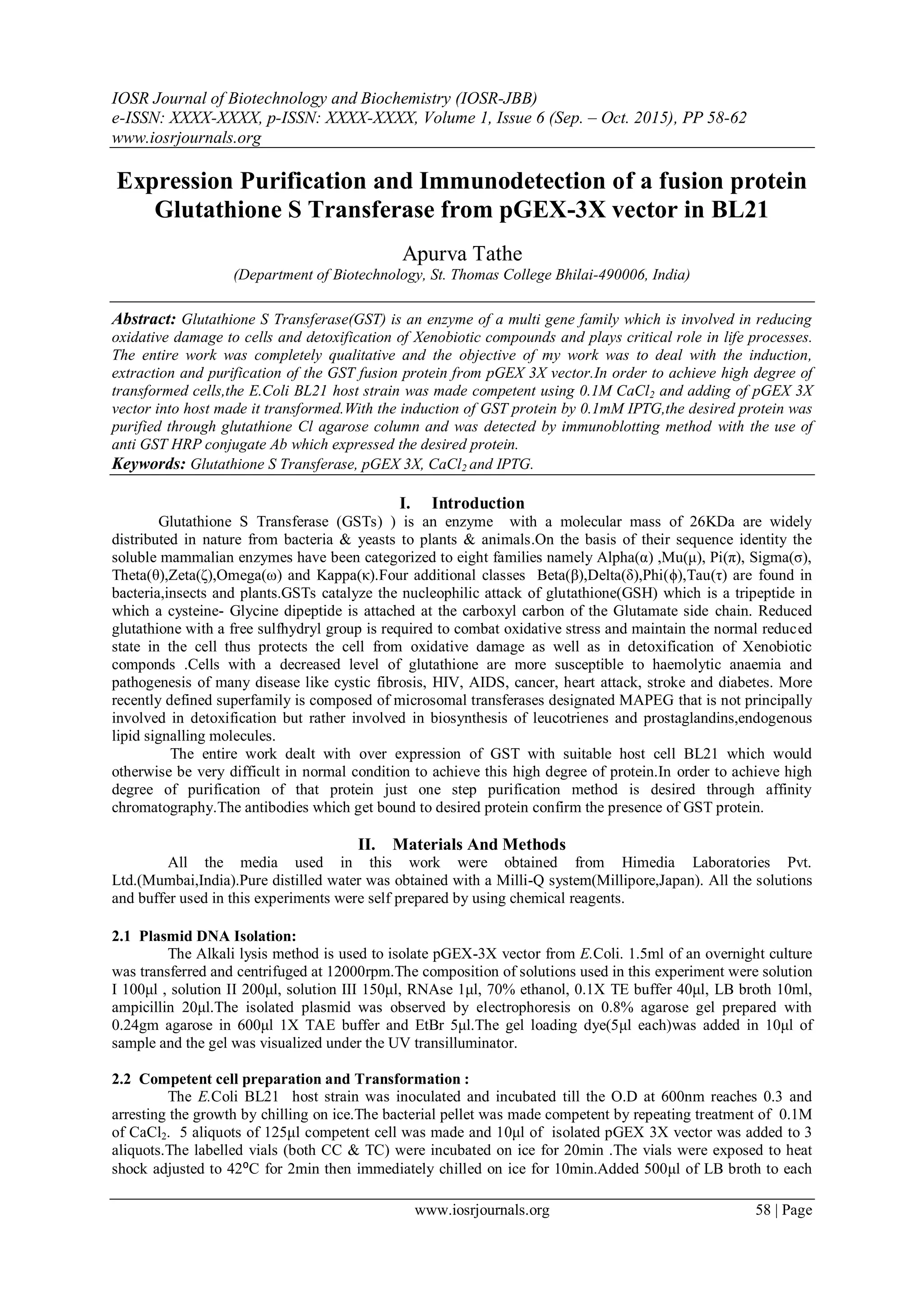 Expression Purification and Immunodetection of a fusion protein Glutathione S Transferase from ...