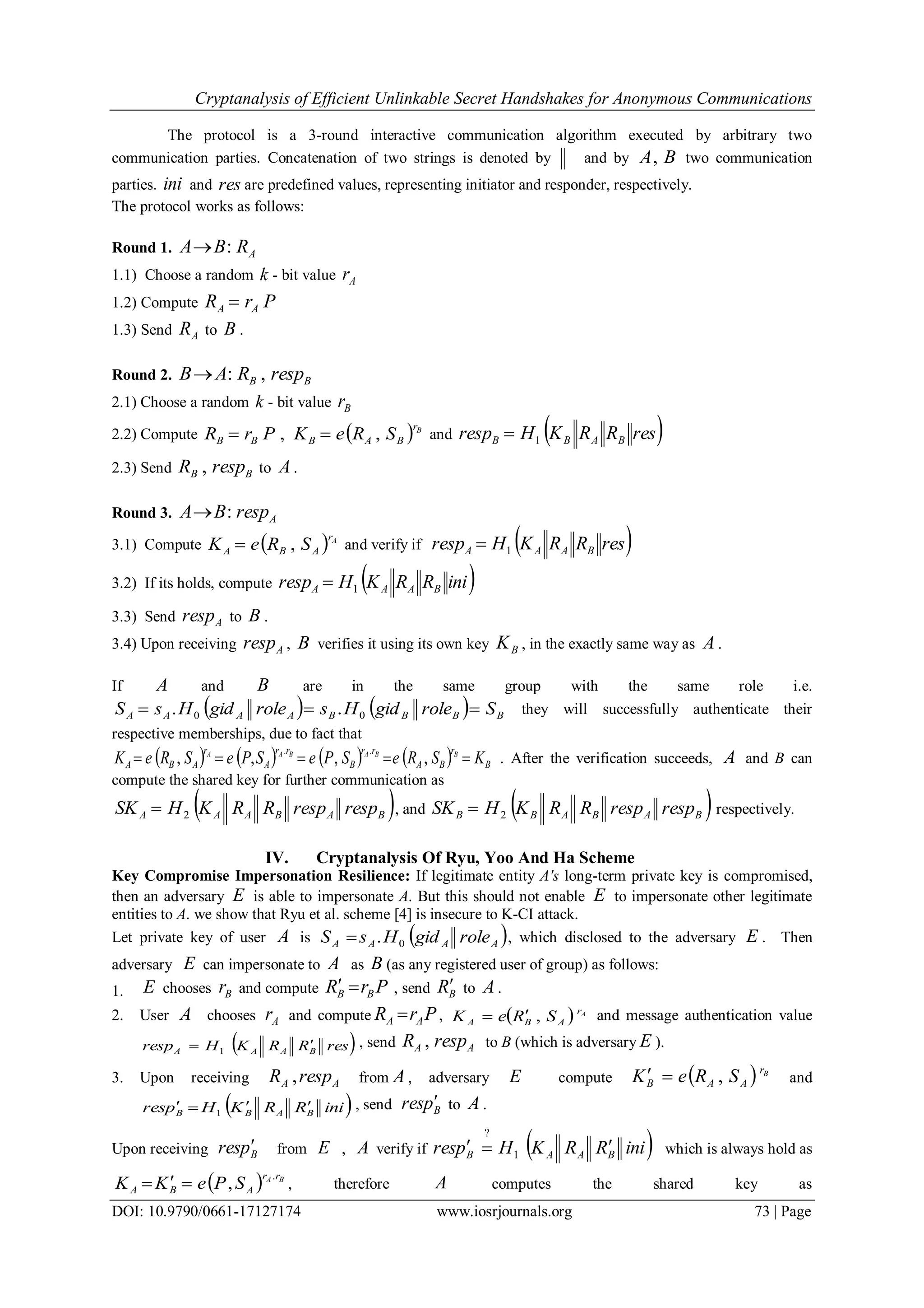 Cryptanalysis of Efficient Unlinkable Secret Handshakes for Anonymous Communications | PDF