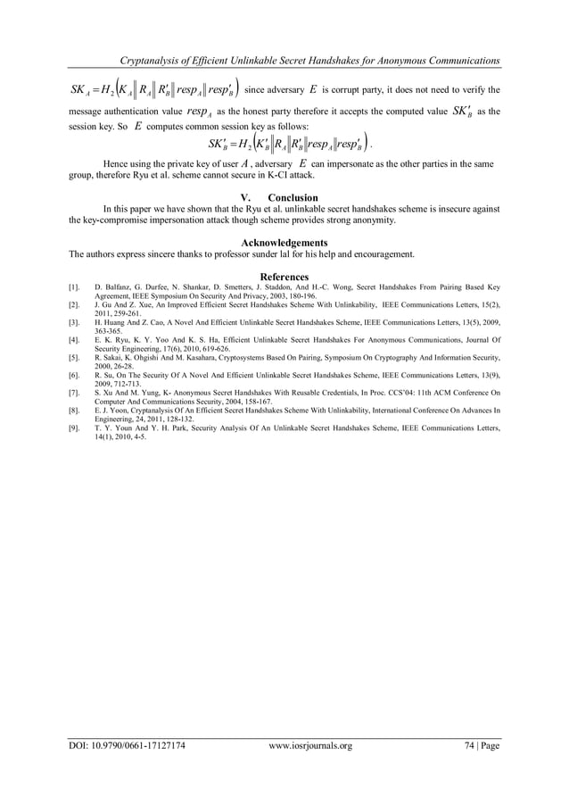 Cryptanalysis of Efficient Unlinkable Secret Handshakes for Anonymous Communications | PDF