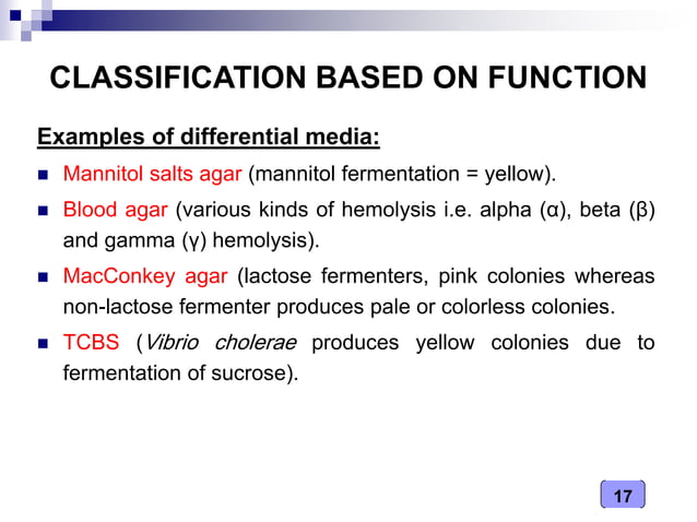 Medical Microbiology Laboratory (culture media classification) | PDF ...