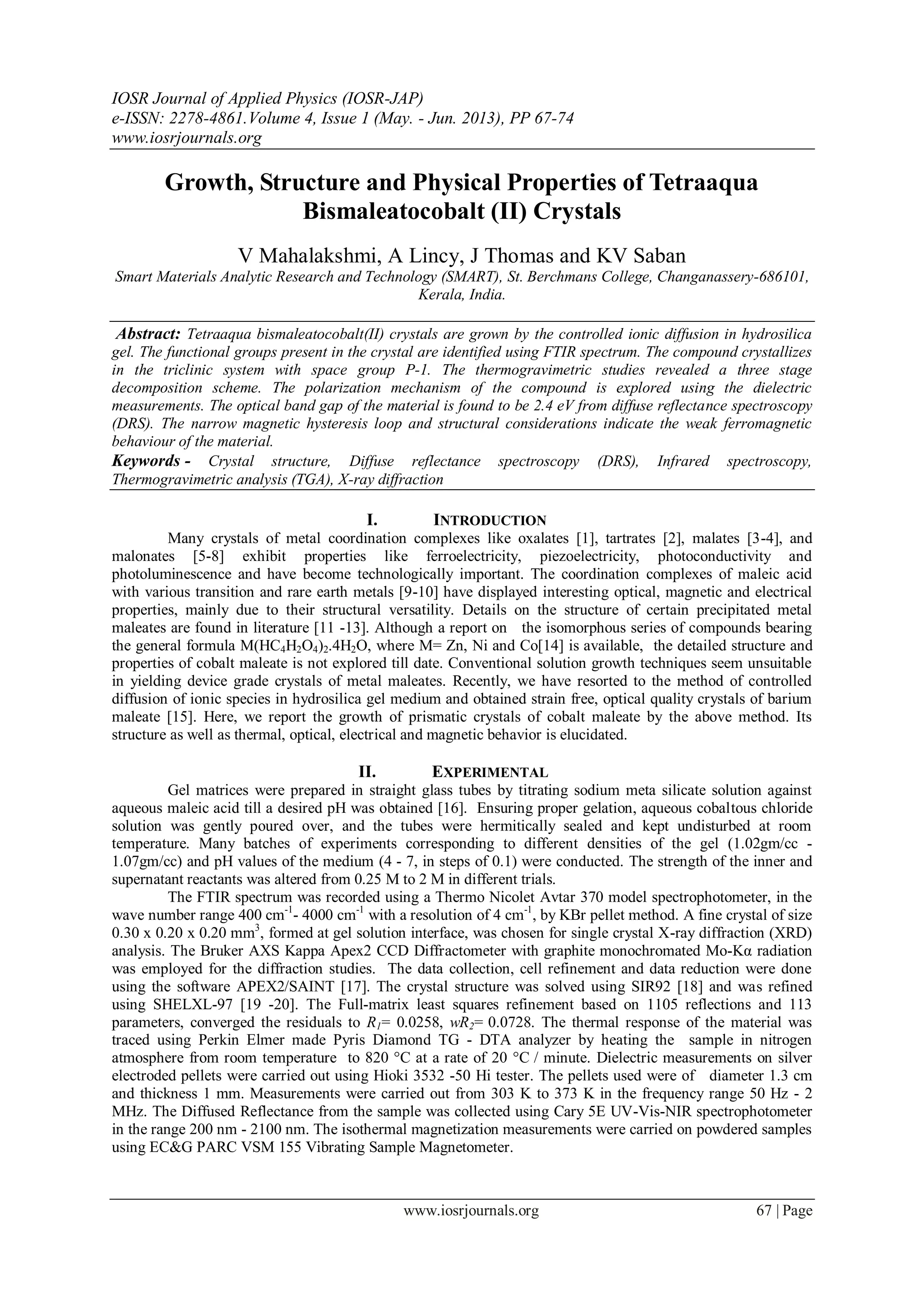 Growth, Structure and Physical Properties of Tetraaqua Bismaleatocobalt (II) Crystals | PDF ...