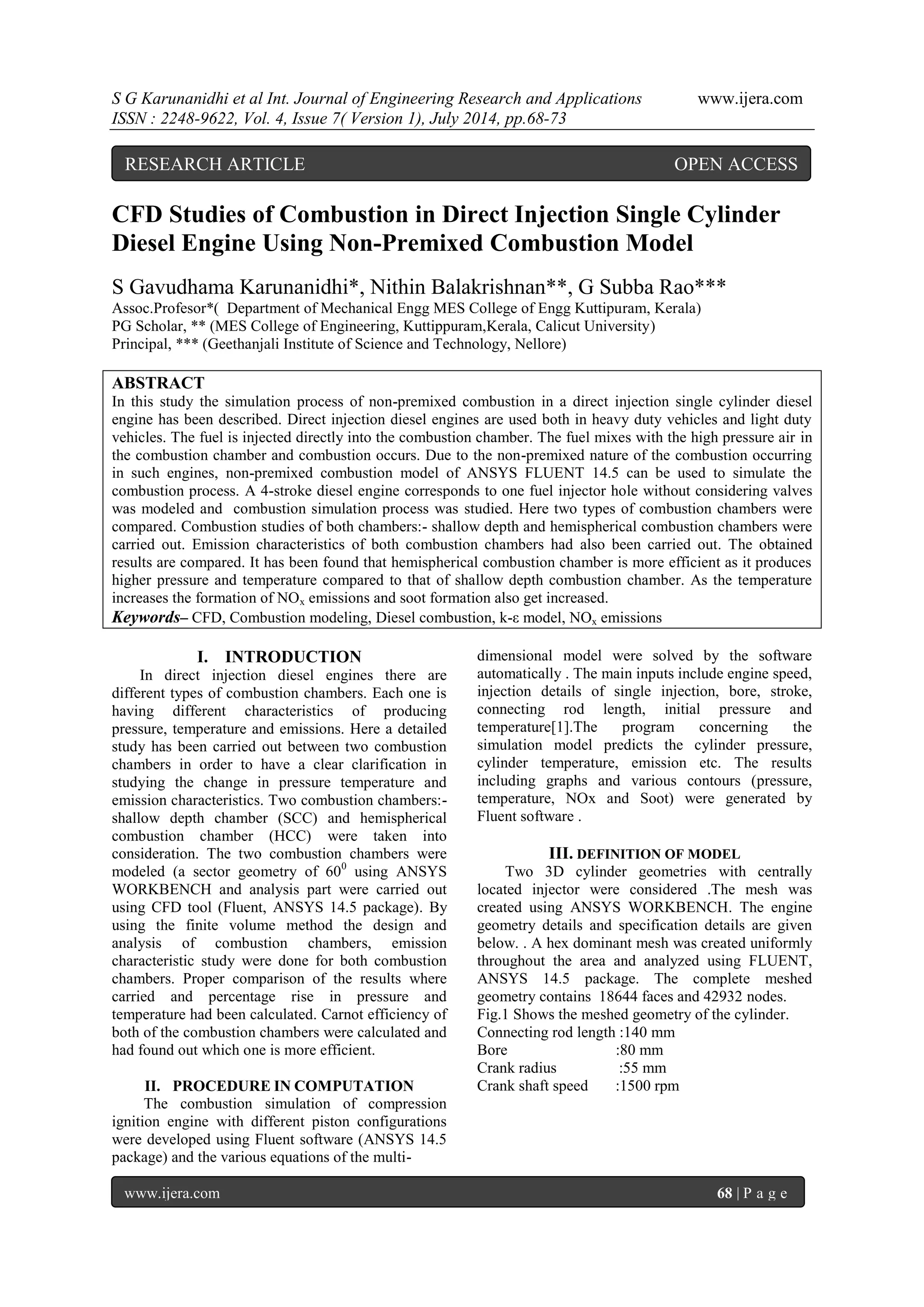 CFD Studies of Combustion in Direct Injection Single Cylinder Diesel ...