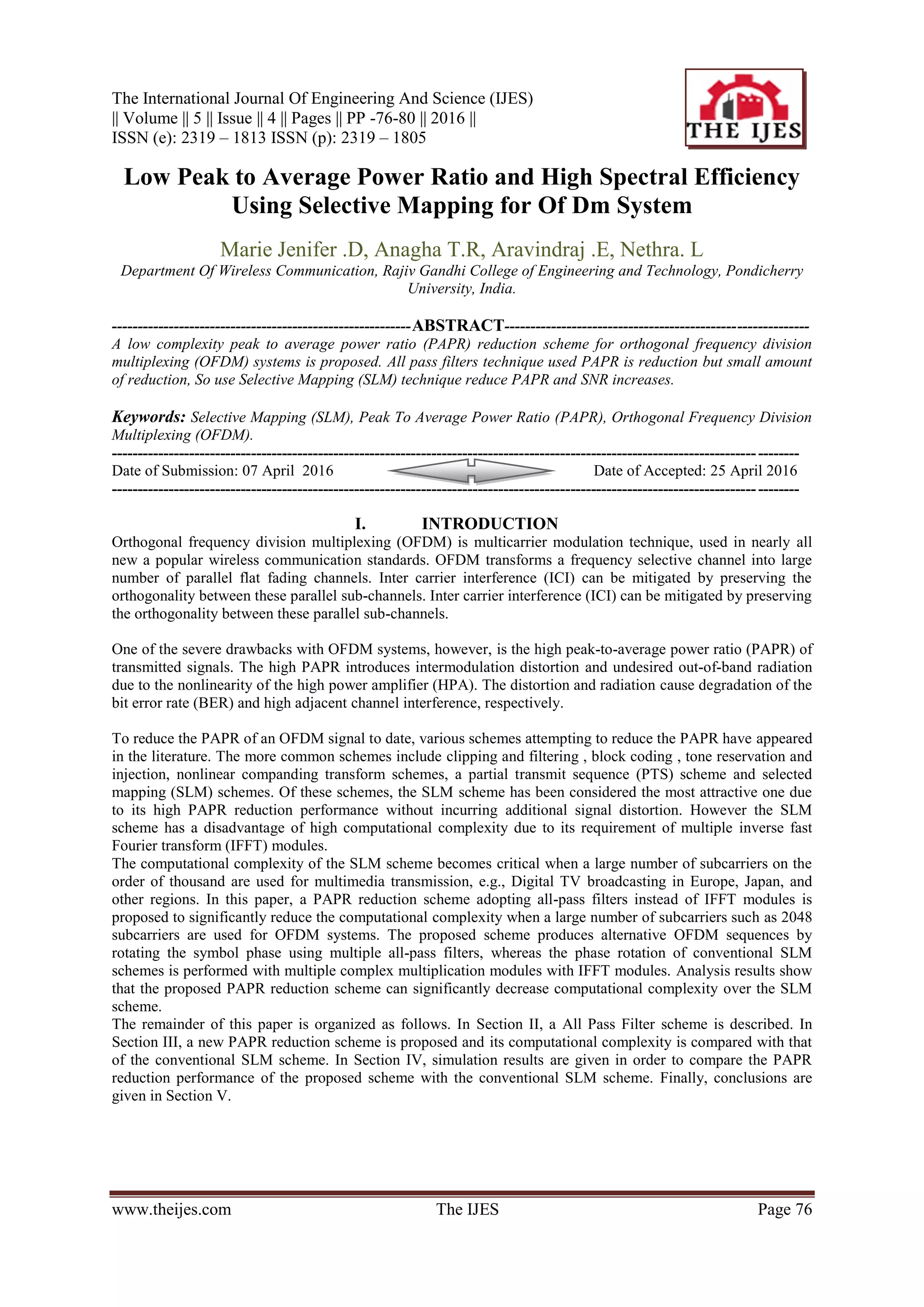 Low Peak To Average Power Ratio And High Spectral Efficiency Using Selective Mapping For Of Dm