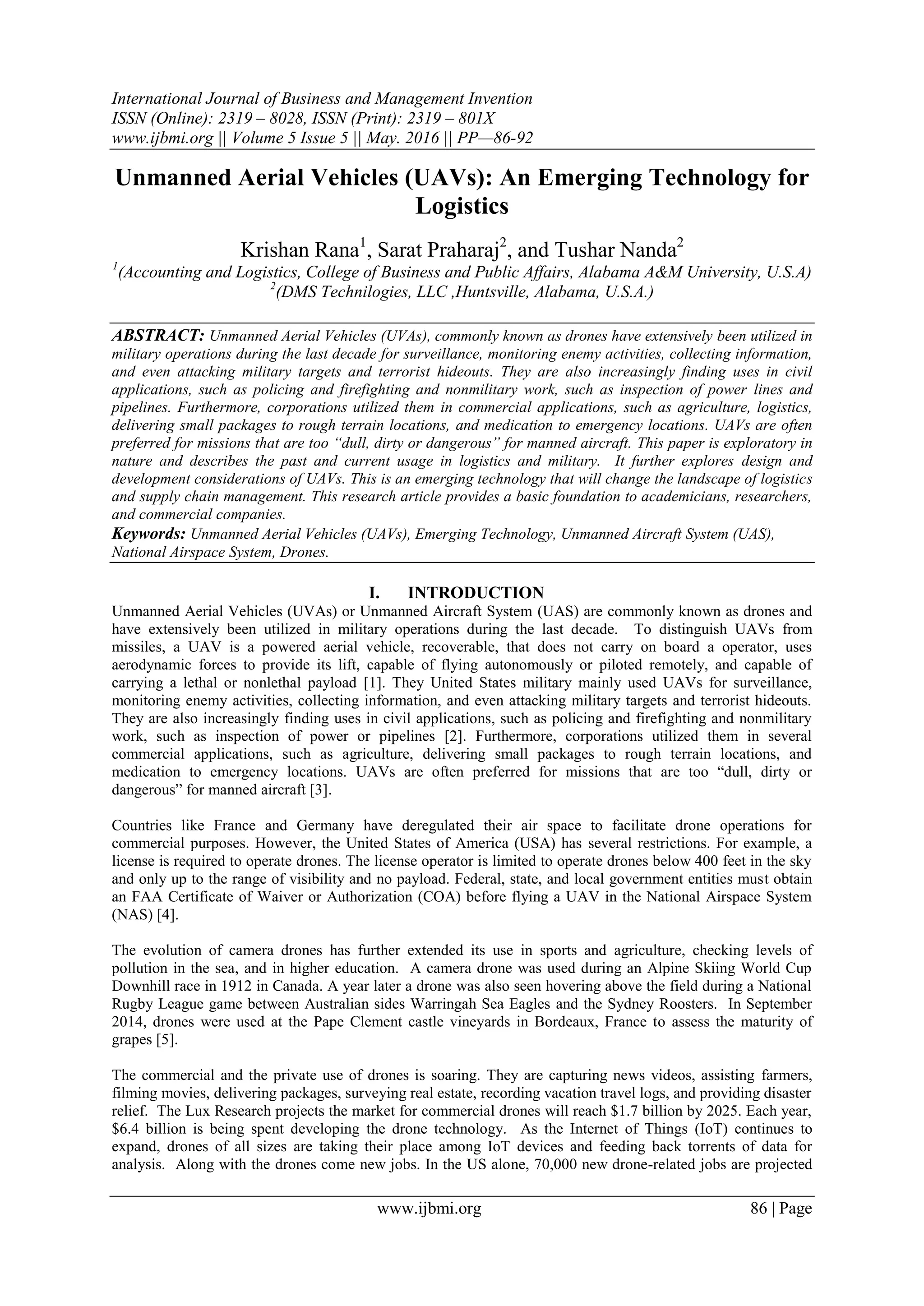 Unmanned Aerial Vehicles (UAVs): An Emerging Technology for Logistics | PDF