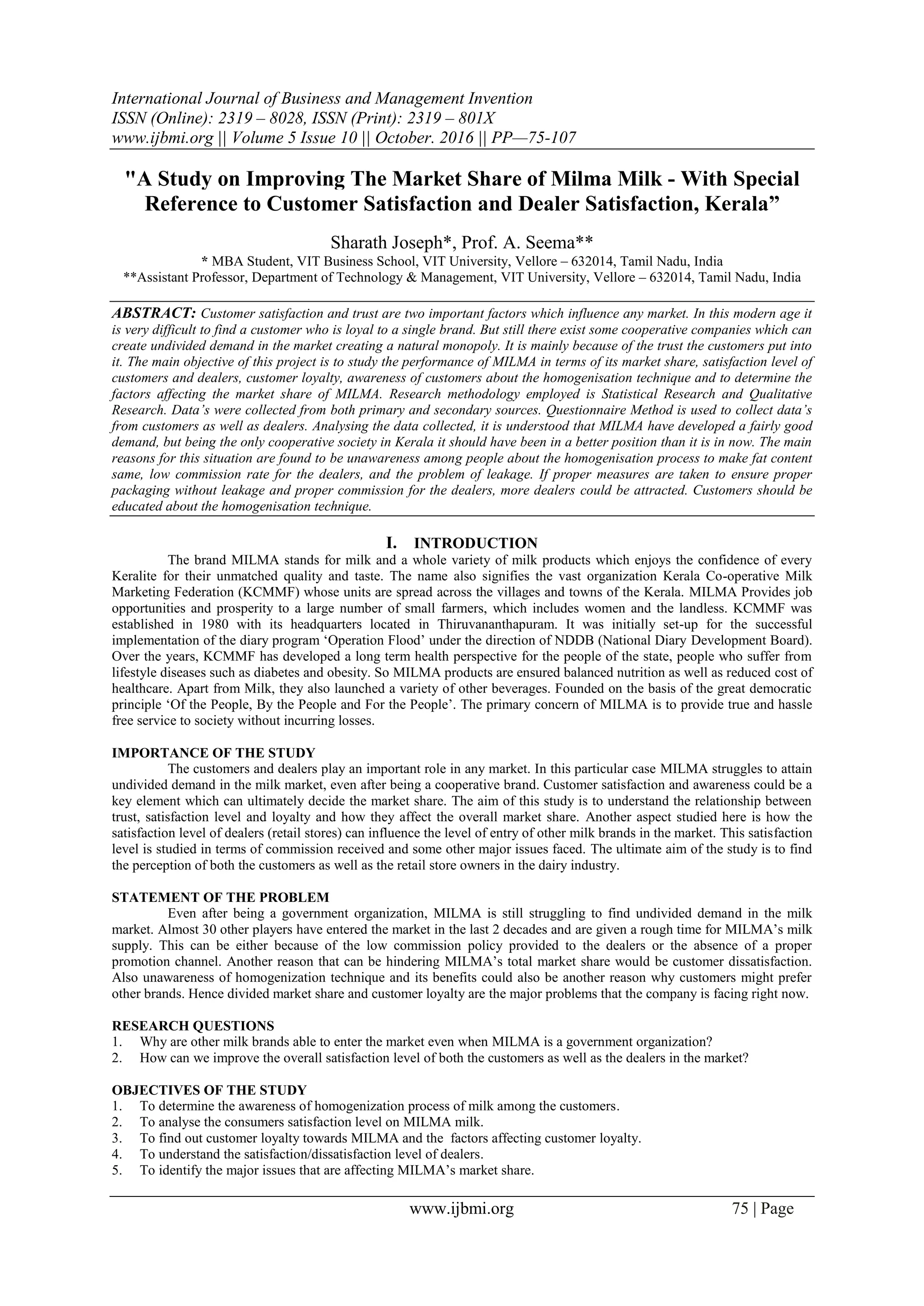 A Study on Improving The Market Share of Milma Milk - With Special Reference to Customer ...