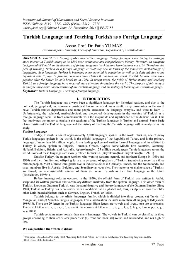 Turkish Language and Teaching Turkish as a Foreign Language | PDF ...