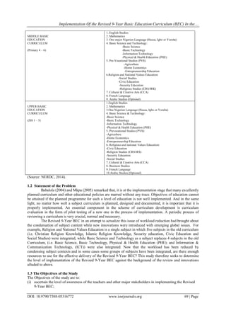 Implementation Of the Revised 9-Year Basic Education Curriculum (BEC) In the Northcentral ...